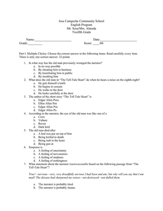 The tell tale heart test | DOCX | Drama | Genres