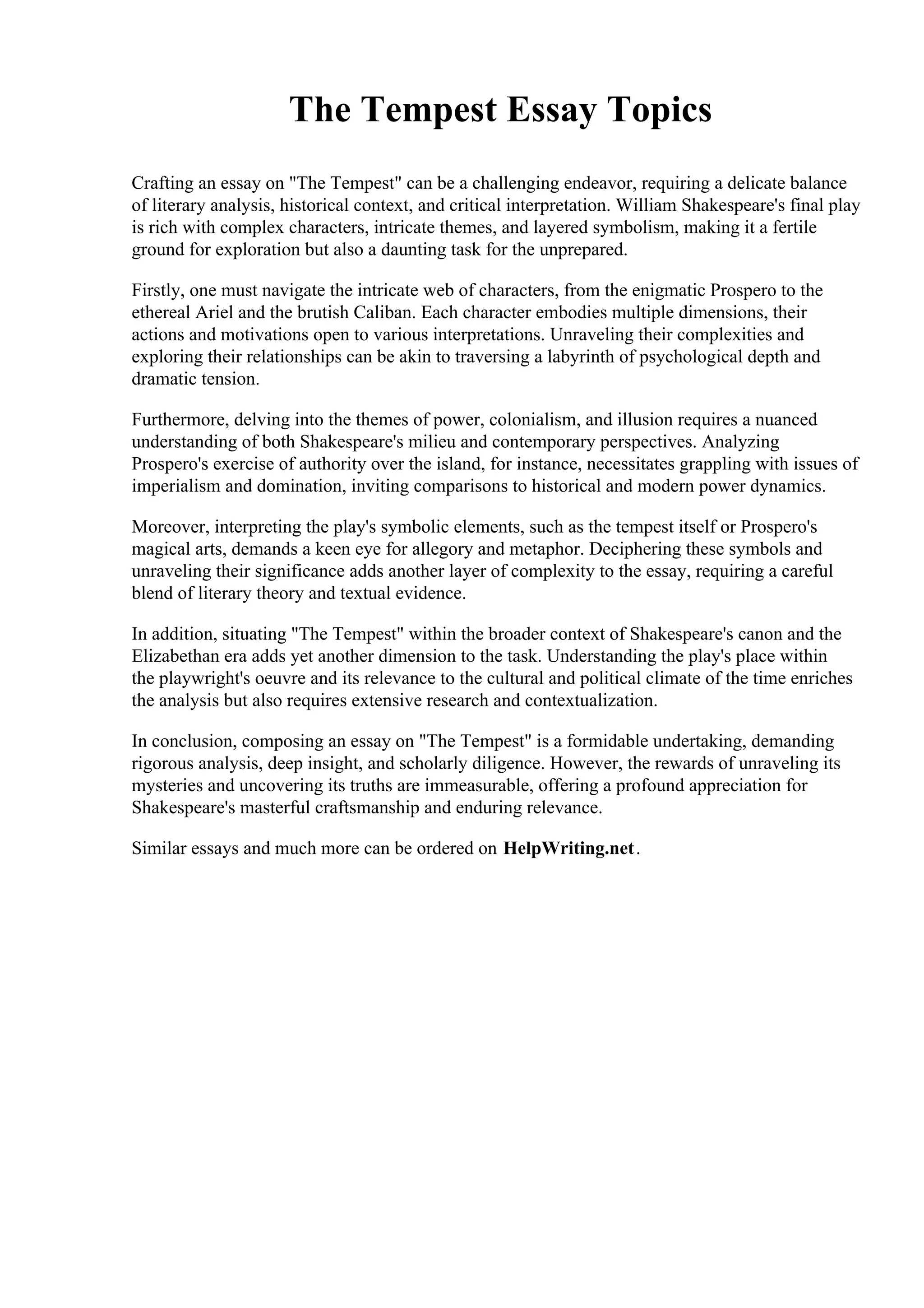 The Tempest Essay Topics. Wagner College | PDF