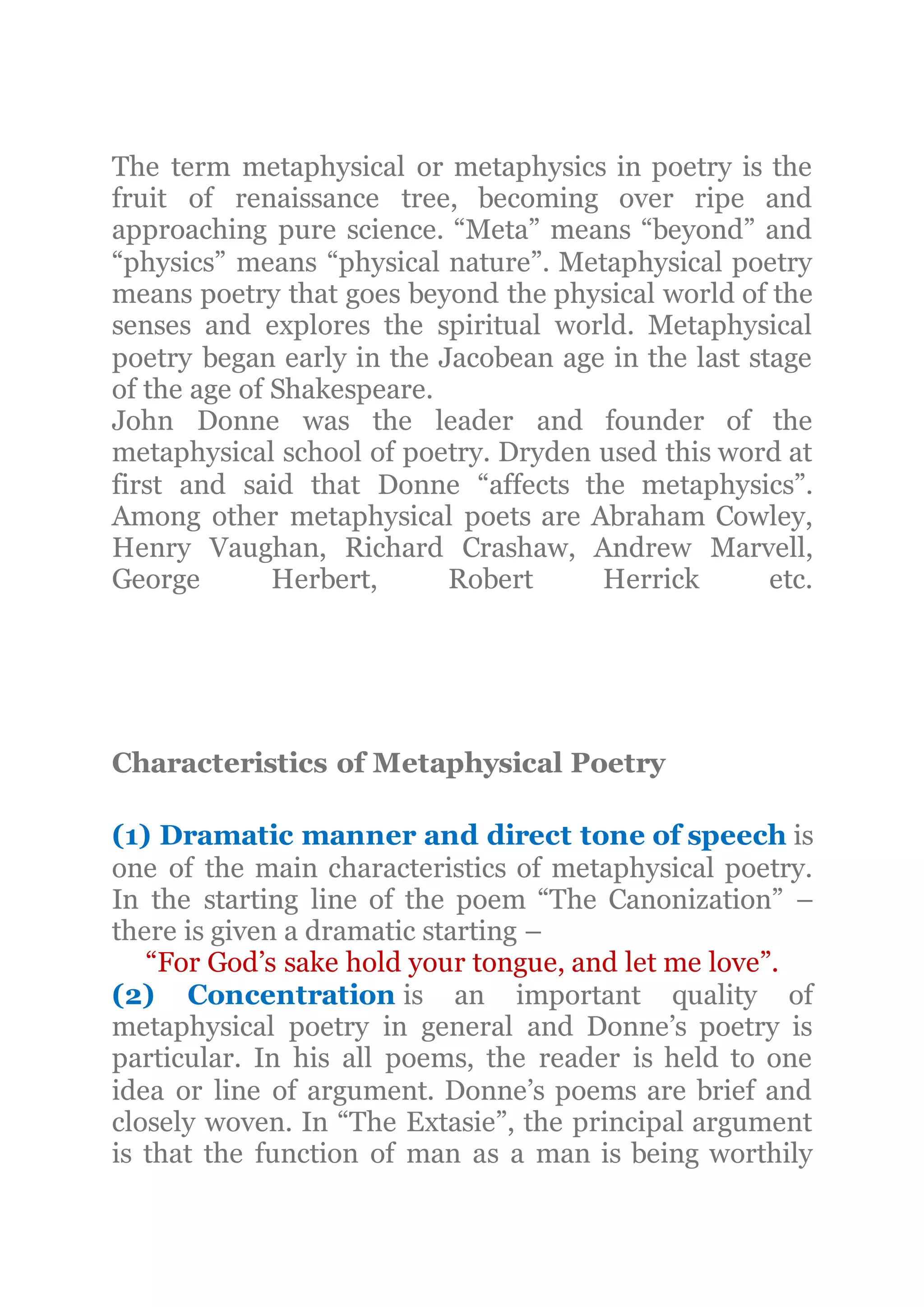 The term metaphysical or metaphysics in poetry is the fruit of ...