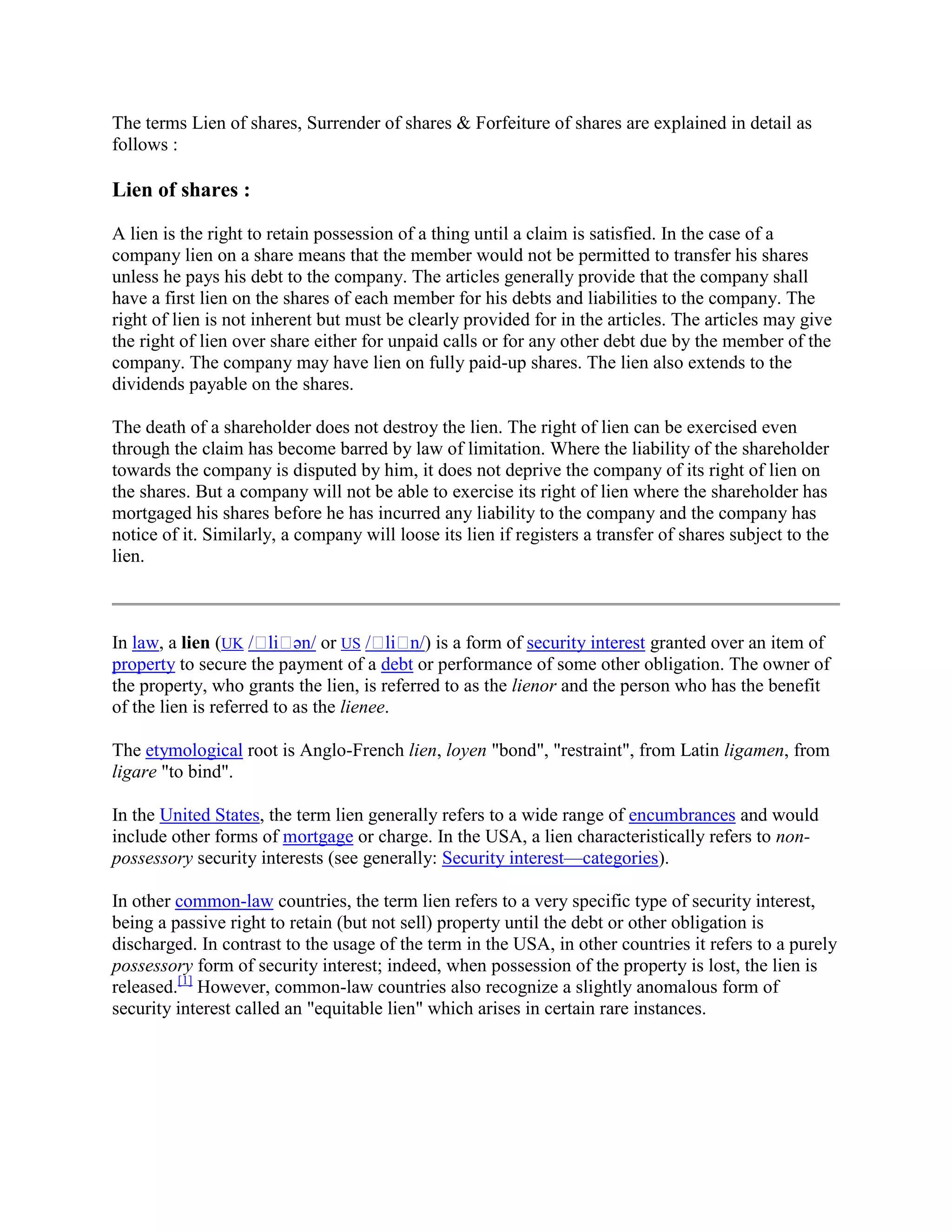 The terms lien of shares | DOCX