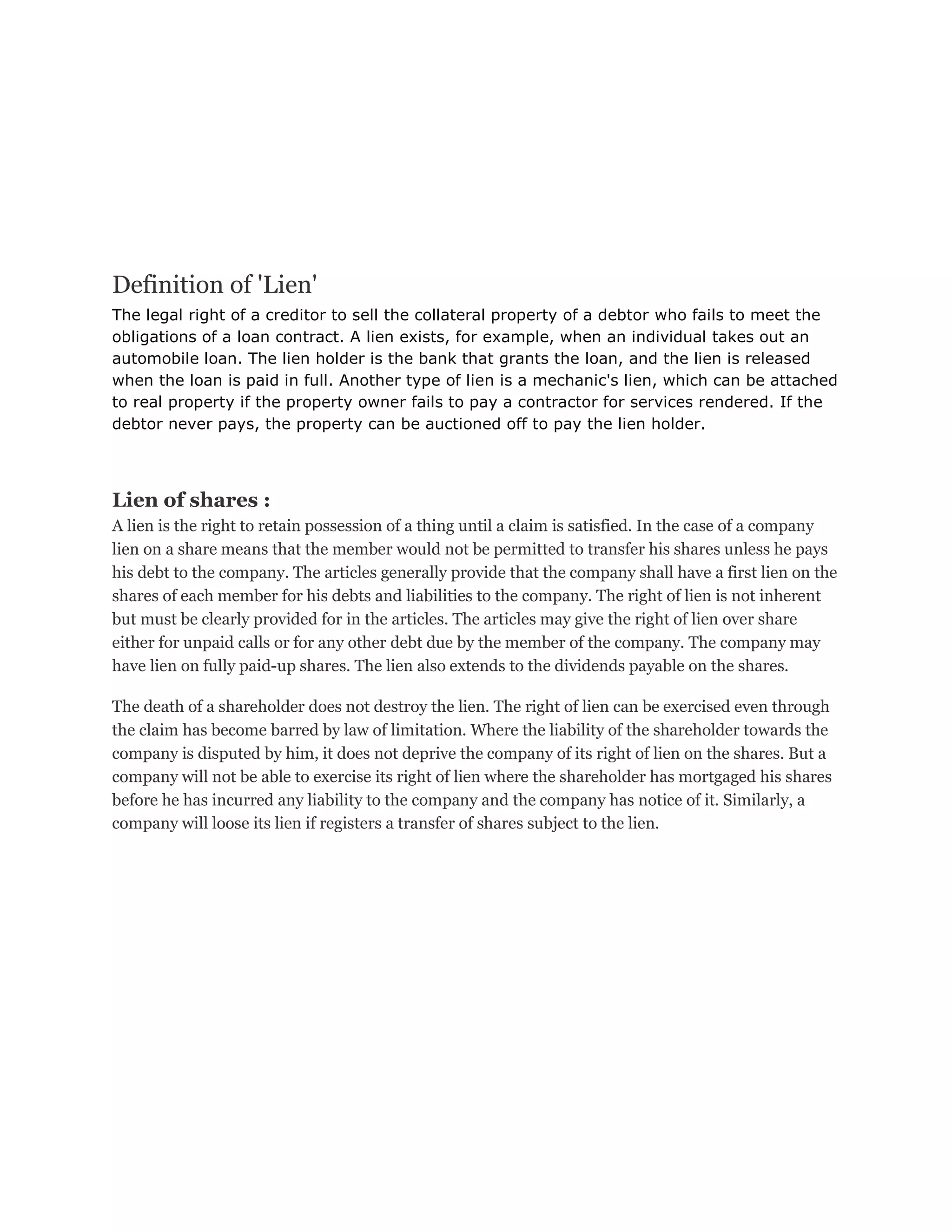 The terms lien of shares | DOCX