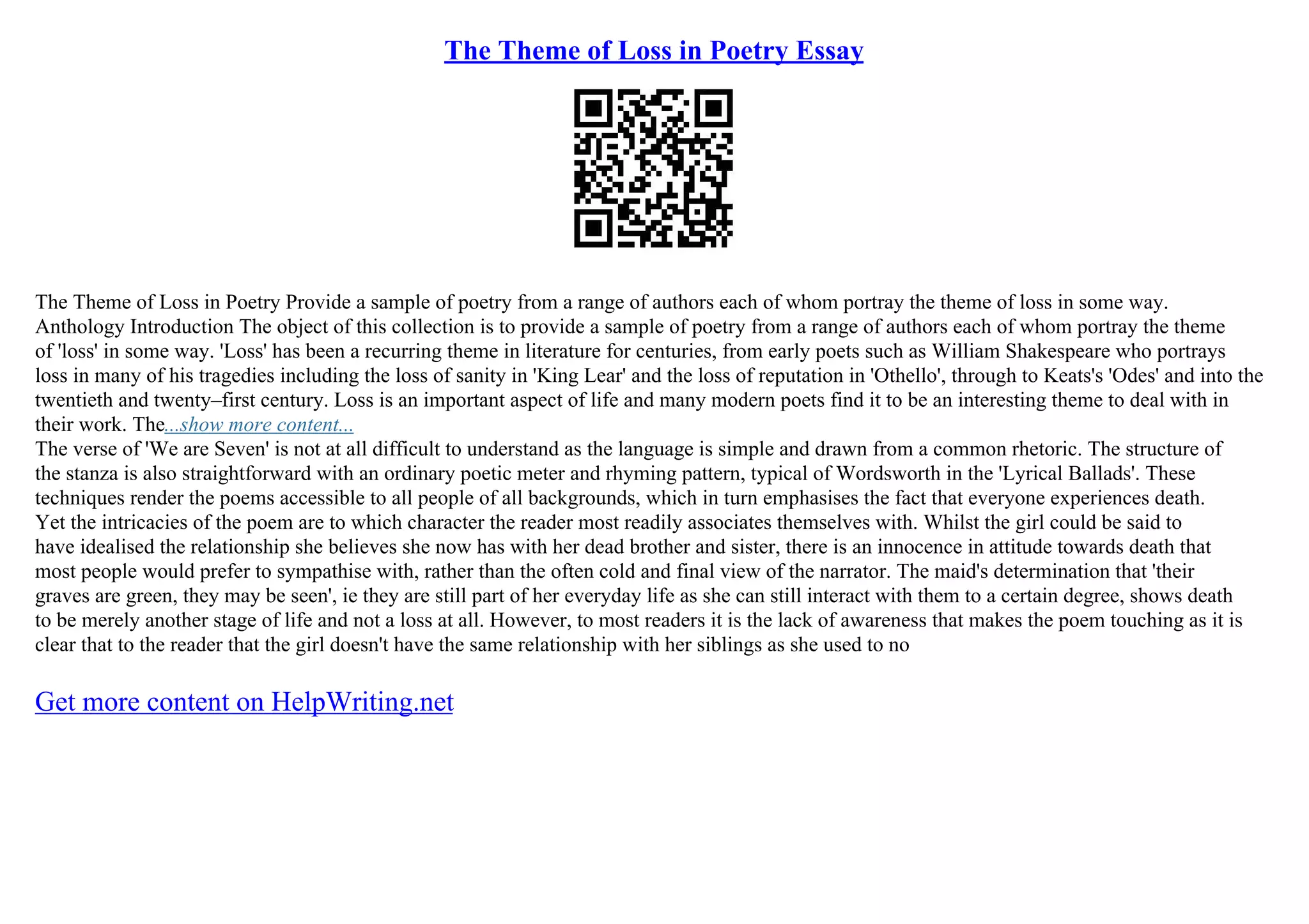 The Theme Of Loss In Poetry Essay | PDF