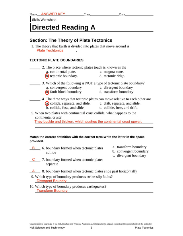 The theroy of plate tectonic directed reading a | PDF | Geography | Science