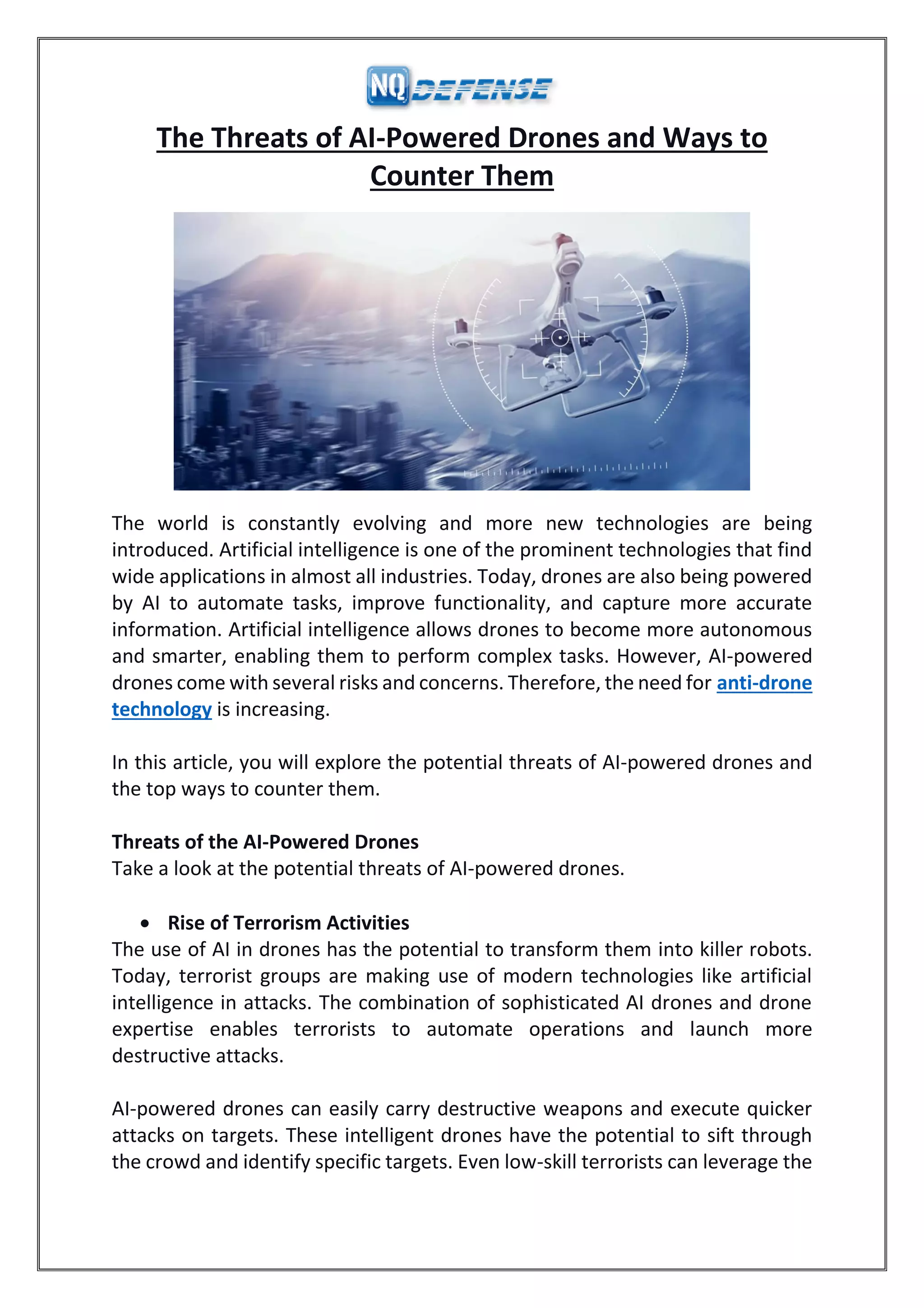 The Threats of AI-Powered Drones and Ways to Counter Them | PDF