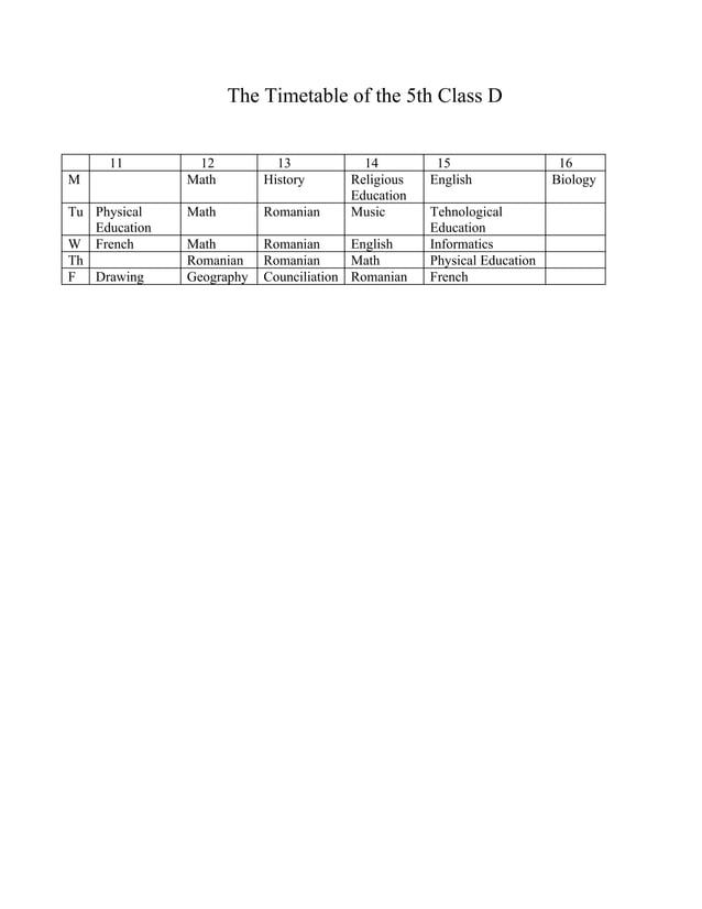 The Timetable Of The 5th Class D | PDF