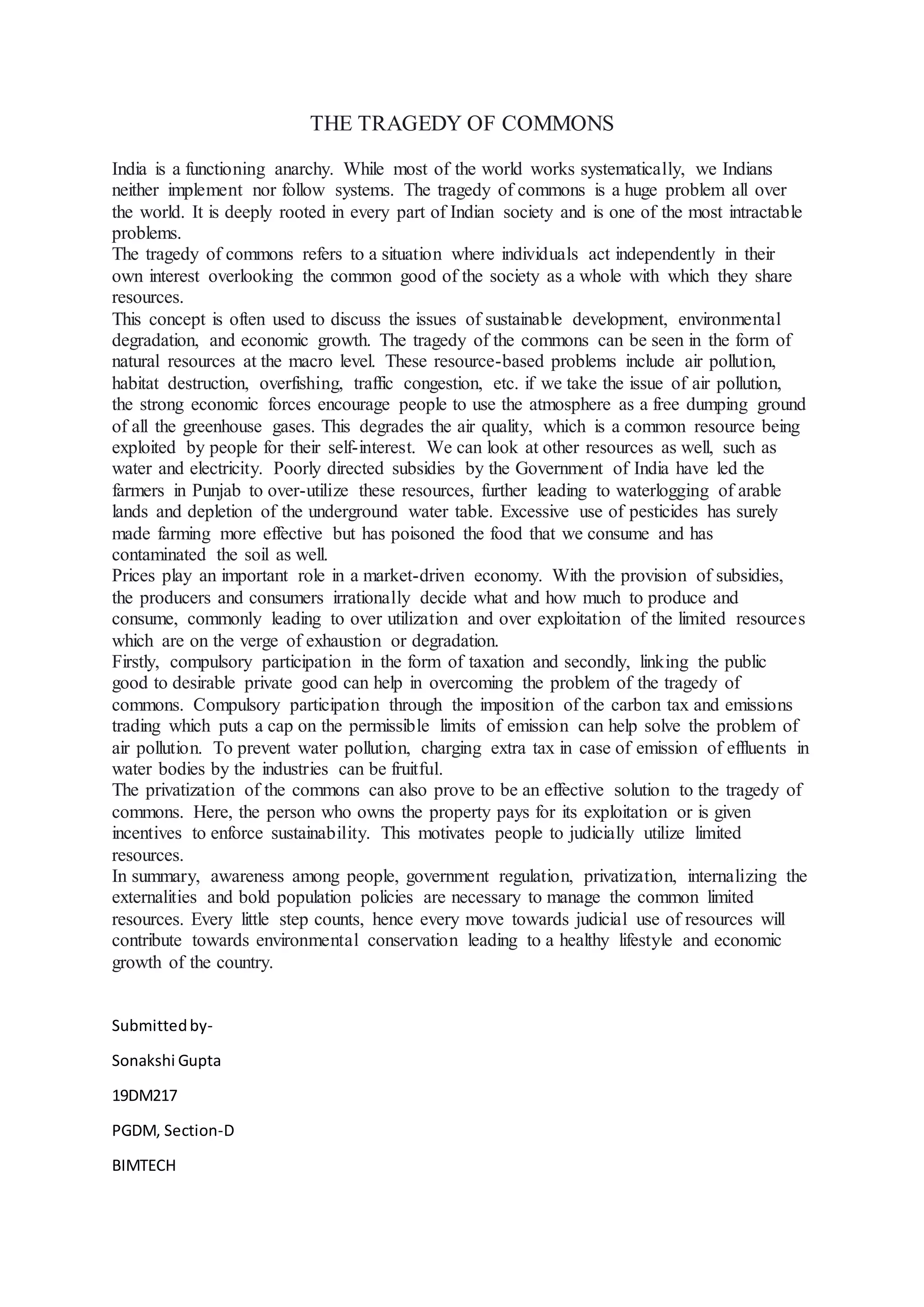 The tragedy of commons | PDF