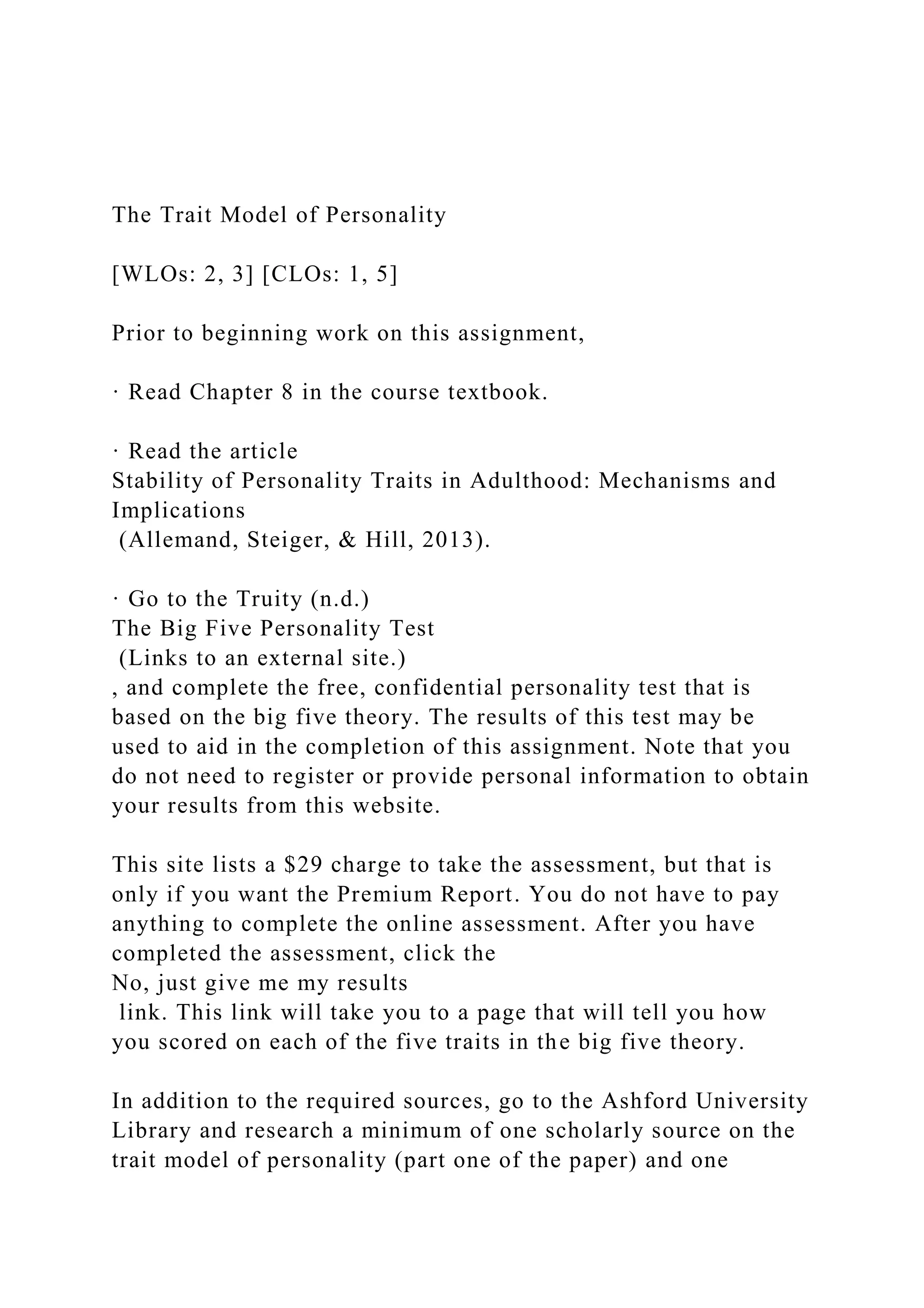 The Trait Model of Personality[WLOs 2, 3] [CLOs 1, 5] .docx