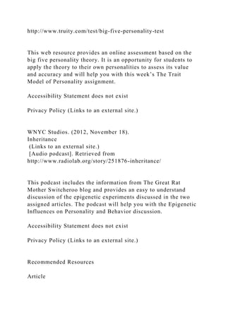 The Trait Model of Personality[WLOs 2, 3] [CLOs 1, 5] .docx