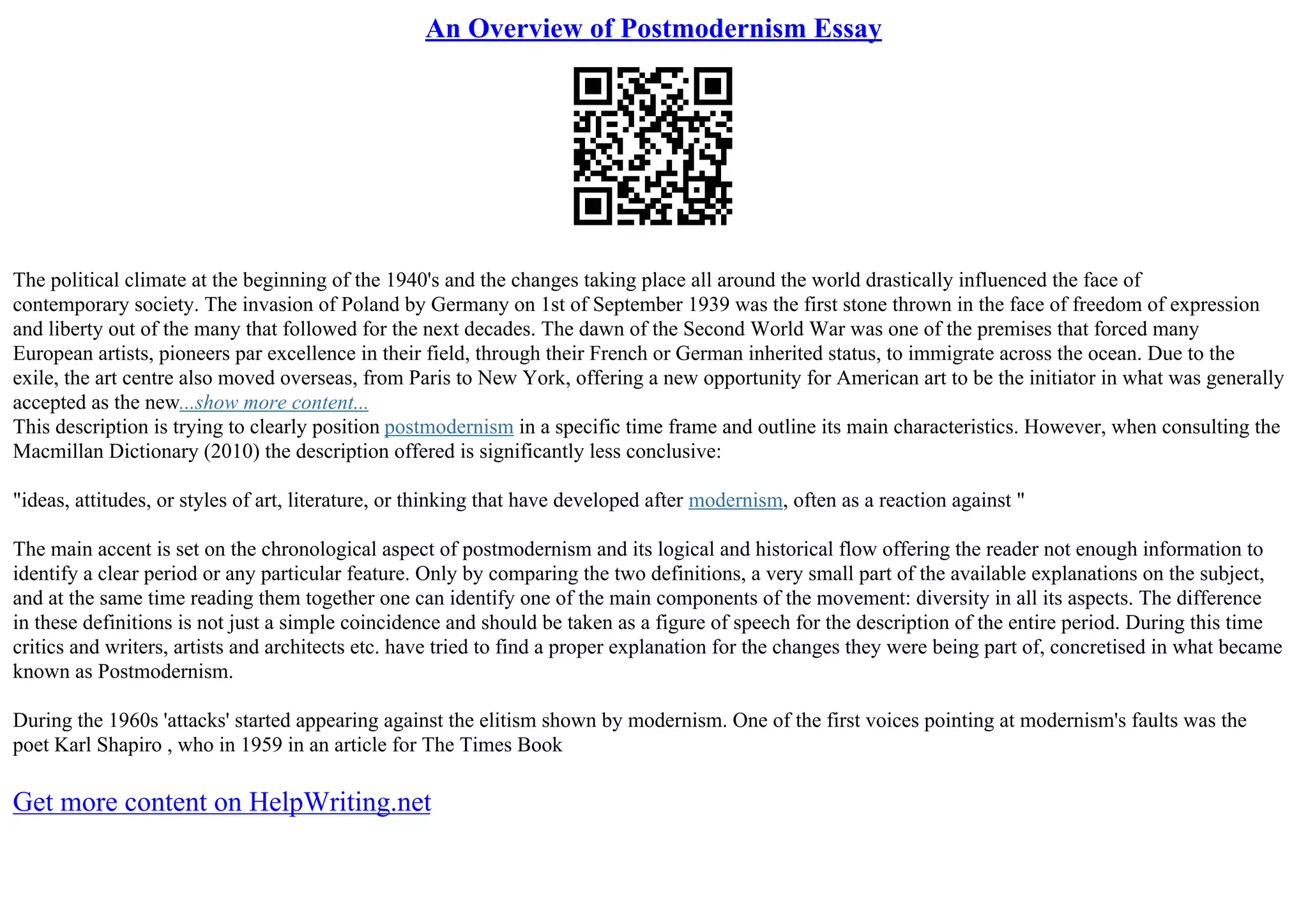 The Transition To Postmodernism Essay | PDF