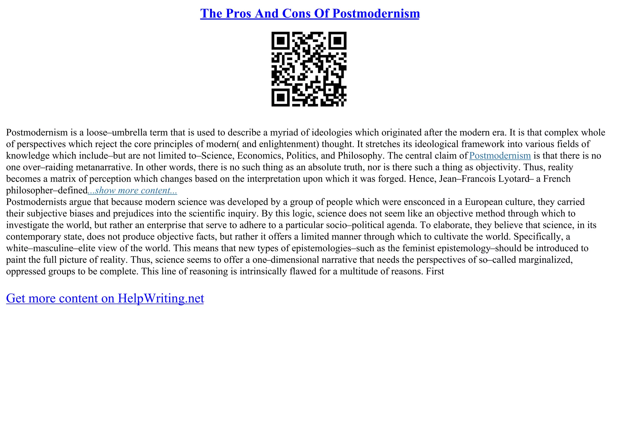The Transition To Postmodernism Essay | PDF