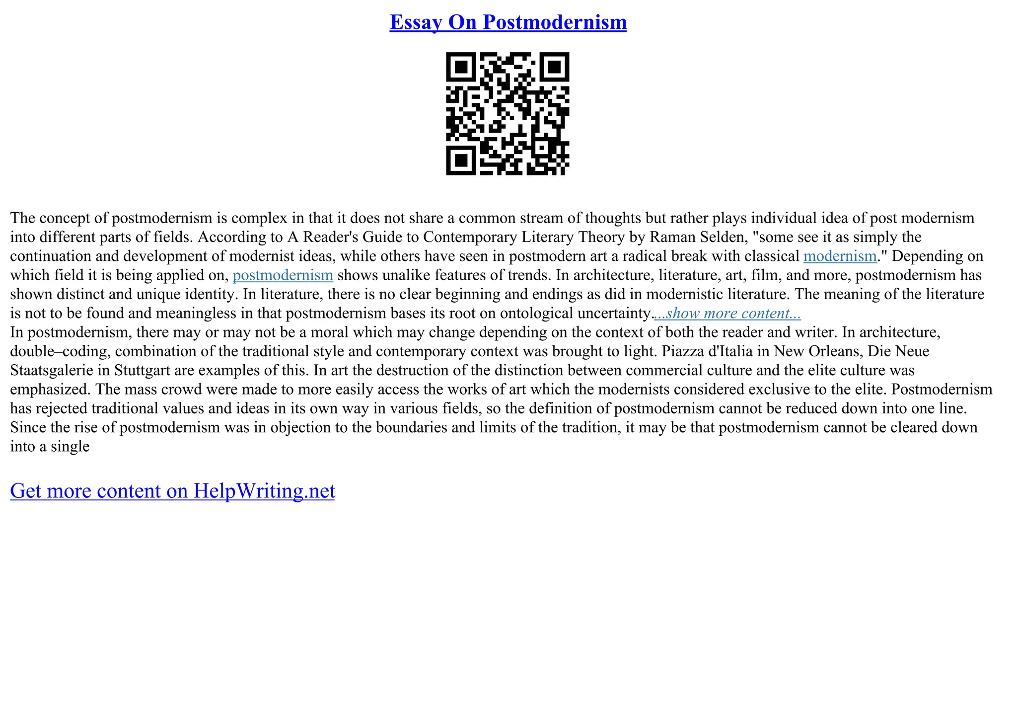 The Transition To Postmodernism Essay | PDF