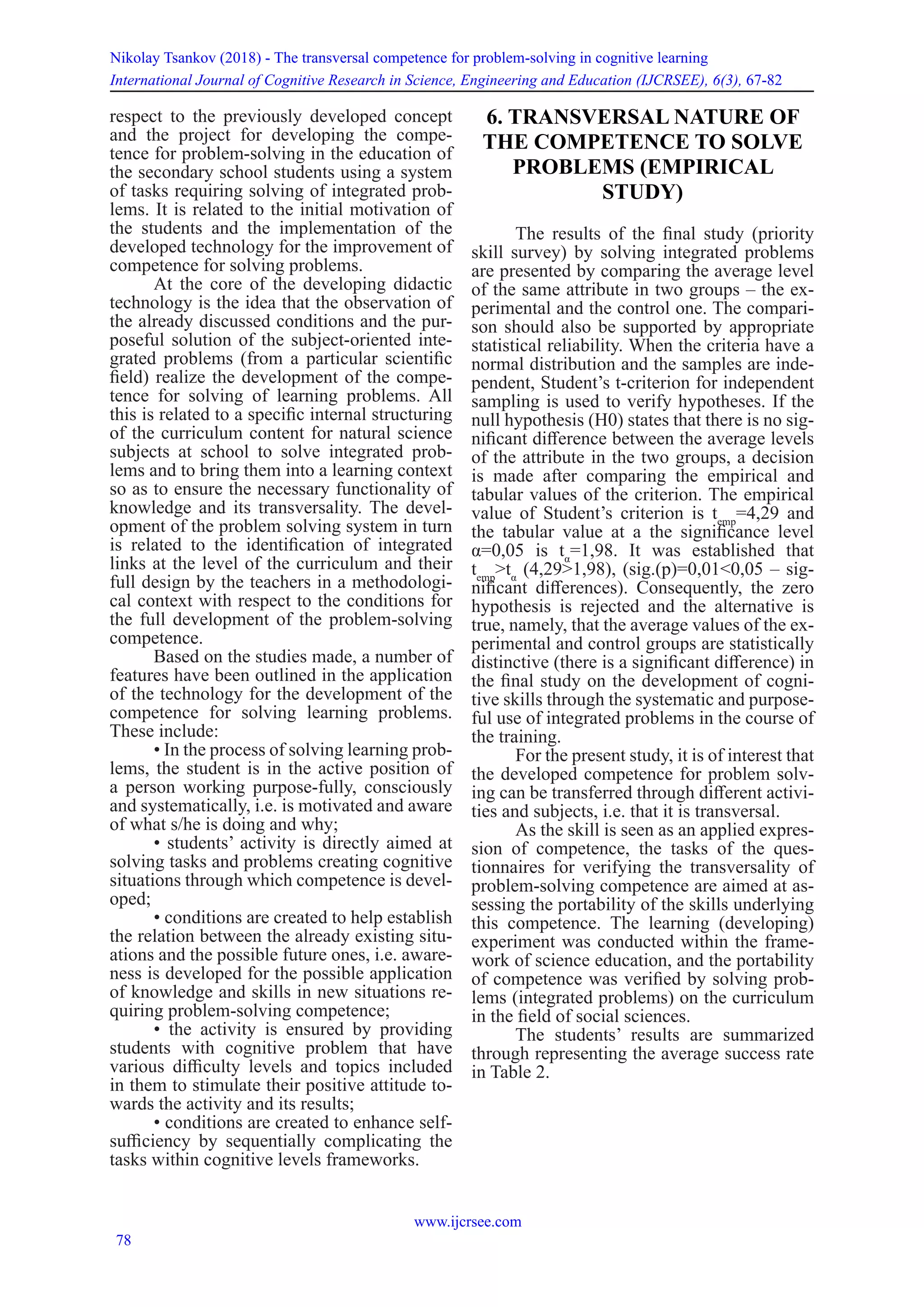 The transversal competence for problem solving in cognitive learning | PDF