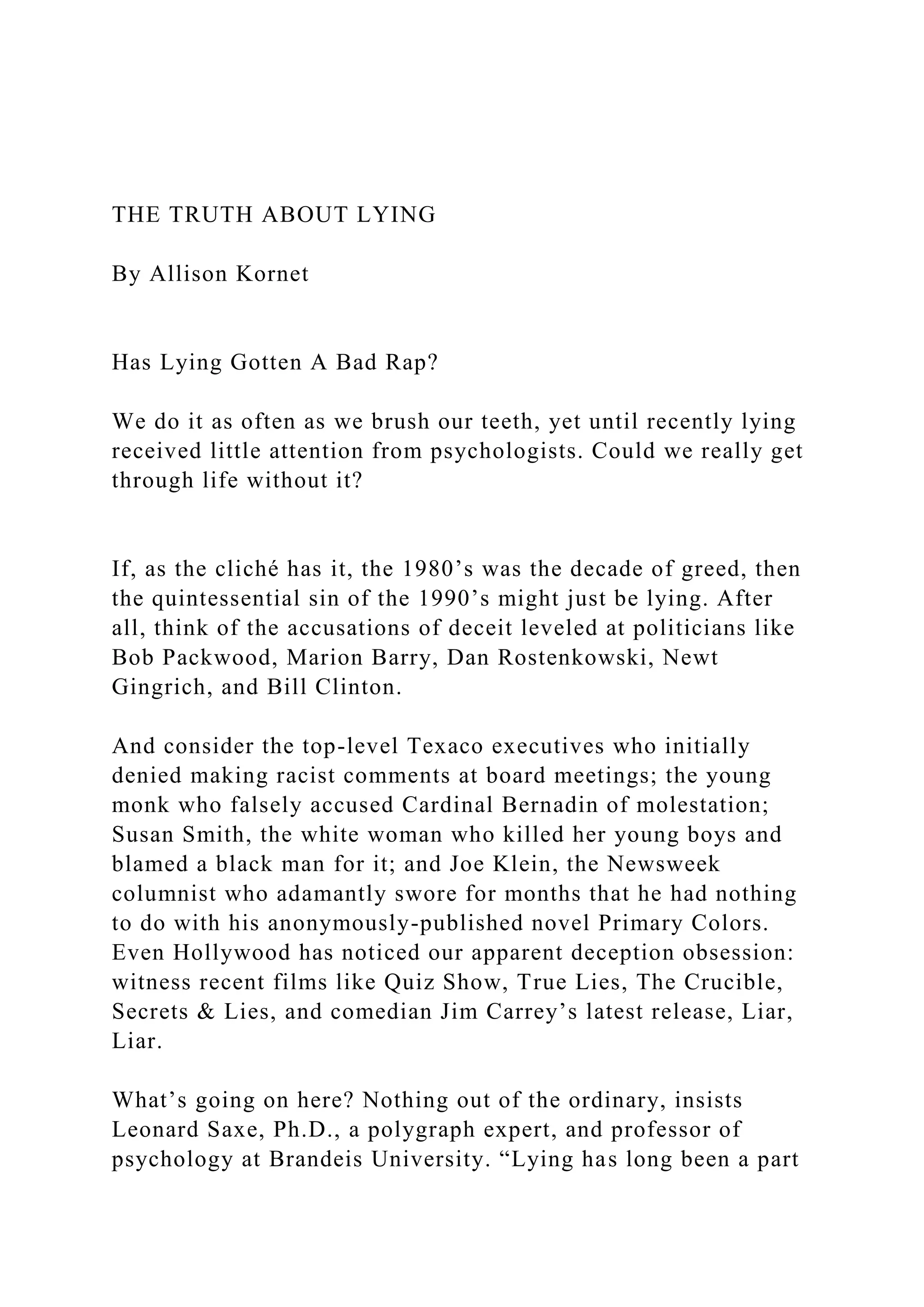 THE TRUTH ABOUT LYINGBy Allison KornetHas Lying Gotten.docx | Family and Relationships