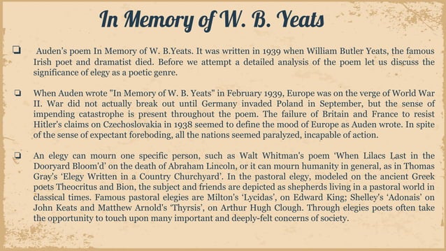In Memory of w.b. yeats and The Tradition of Elegy | PPT