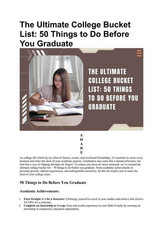 The Ultimate College Bucket List: 50 Things to Do Before You Graduate | PDF