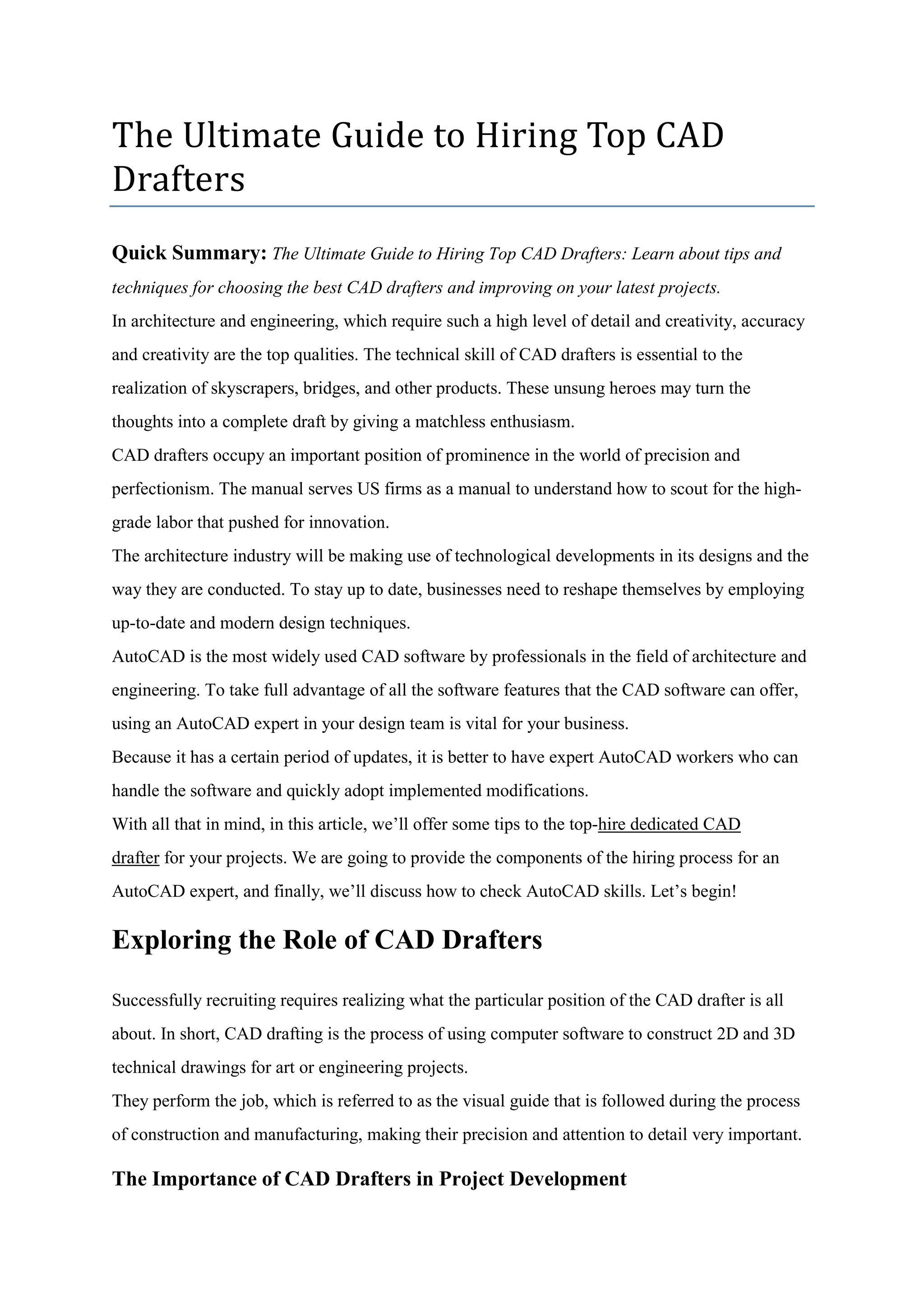 The Ultimate Guide to Hiring Top CAD Drafters. | PDF