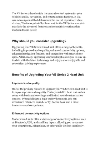 The Ultimate Guide to Upgrading Your VE Series 2 Head Unit | DOCX