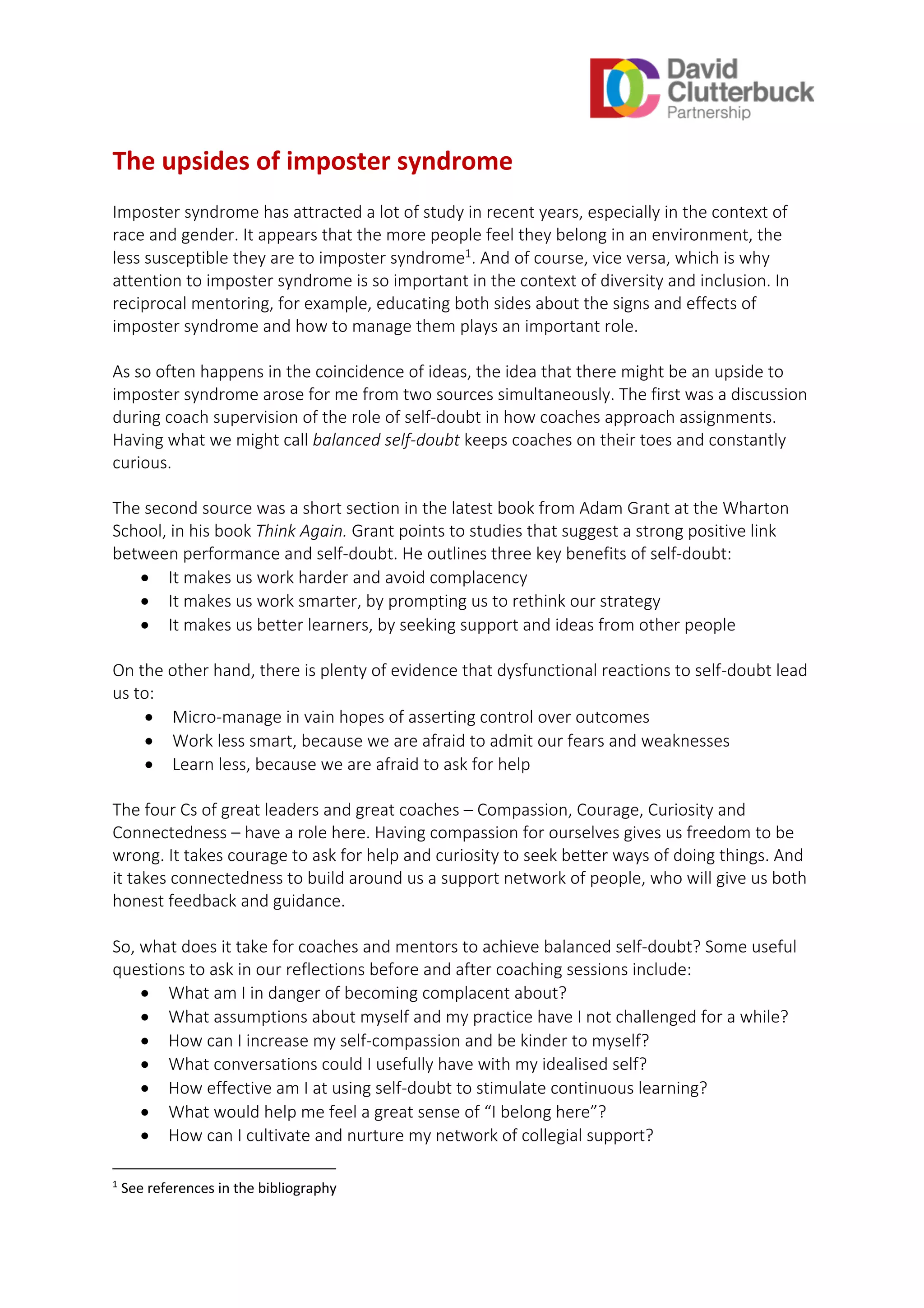 The upsides of Imposter Syndrome by Professor David Clutterbuck | PDF