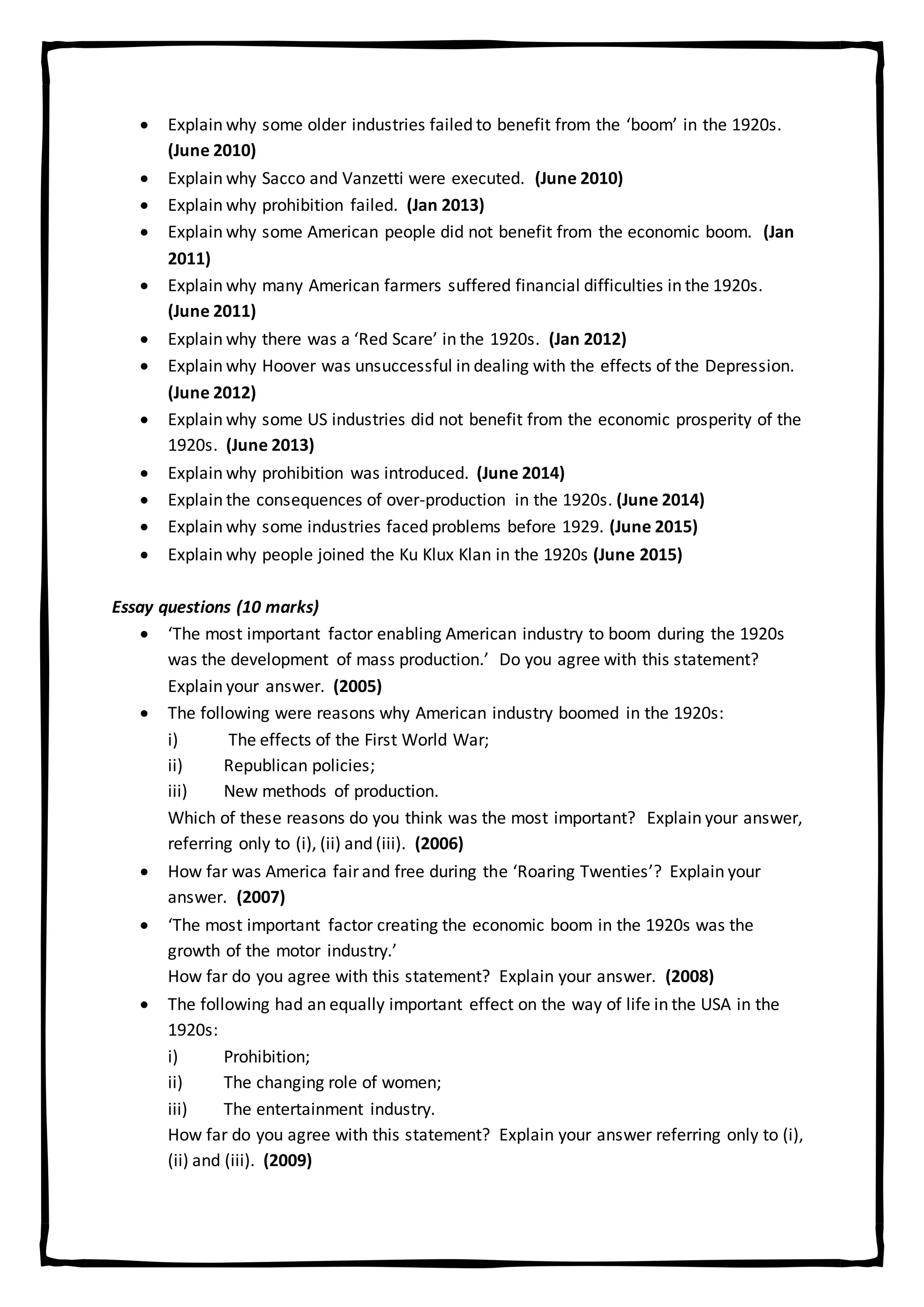OCR Past GCSE History exam questions on USA in the 1920s 2005-15 | DOCX