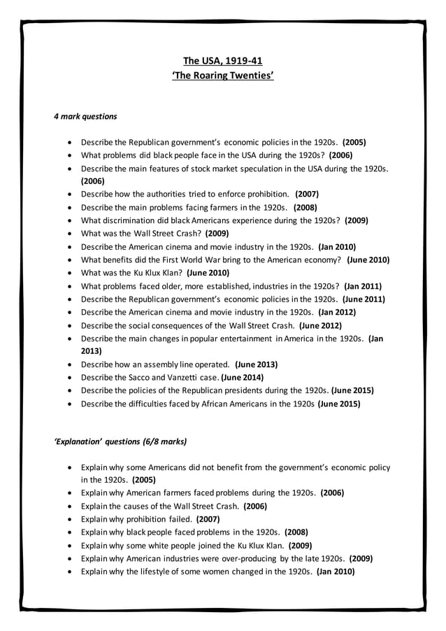 OCR Past GCSE History exam questions on USA in the 1920s 2005-15 | DOCX