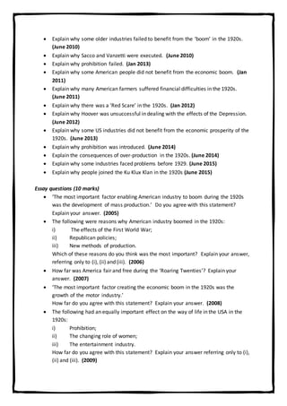 OCR Past GCSE History exam questions on USA in the 1920s 2005-15 | DOCX