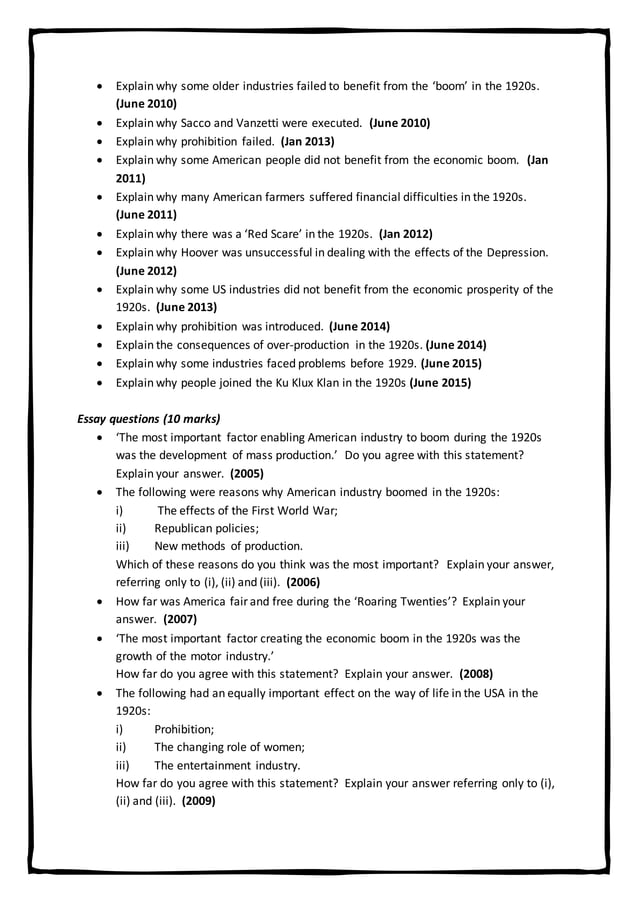 OCR Past GCSE History exam questions on USA in the 1920s 2005-15 | DOCX