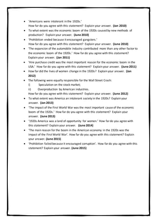 OCR Past GCSE History exam questions on USA in the 1920s 2005-15 | DOCX