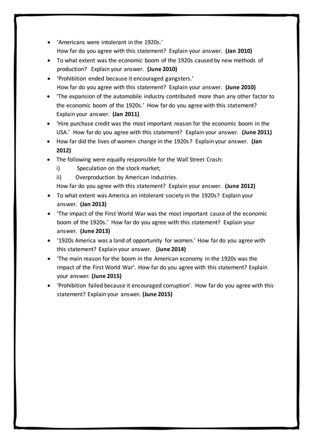 OCR Past GCSE History exam questions on USA in the 1920s 2005-15 | DOCX