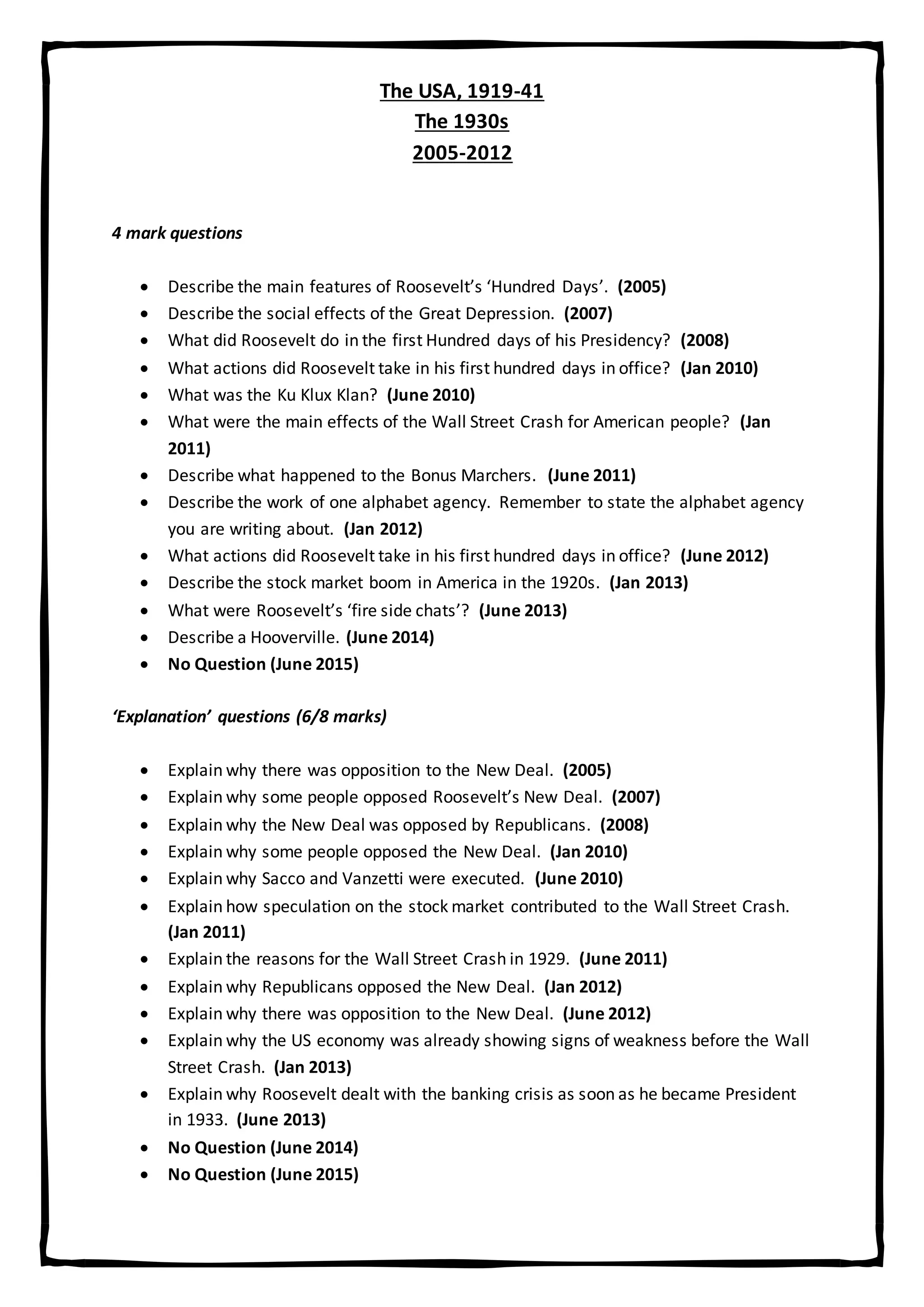 OCR Past GCSE History exam questions on USA in the 1930s 2005-15 | DOCX
