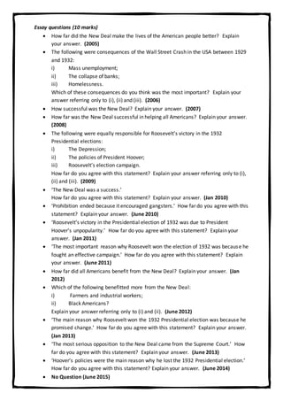 OCR Past GCSE History exam questions on USA in the 1930s 2005-15 | DOCX