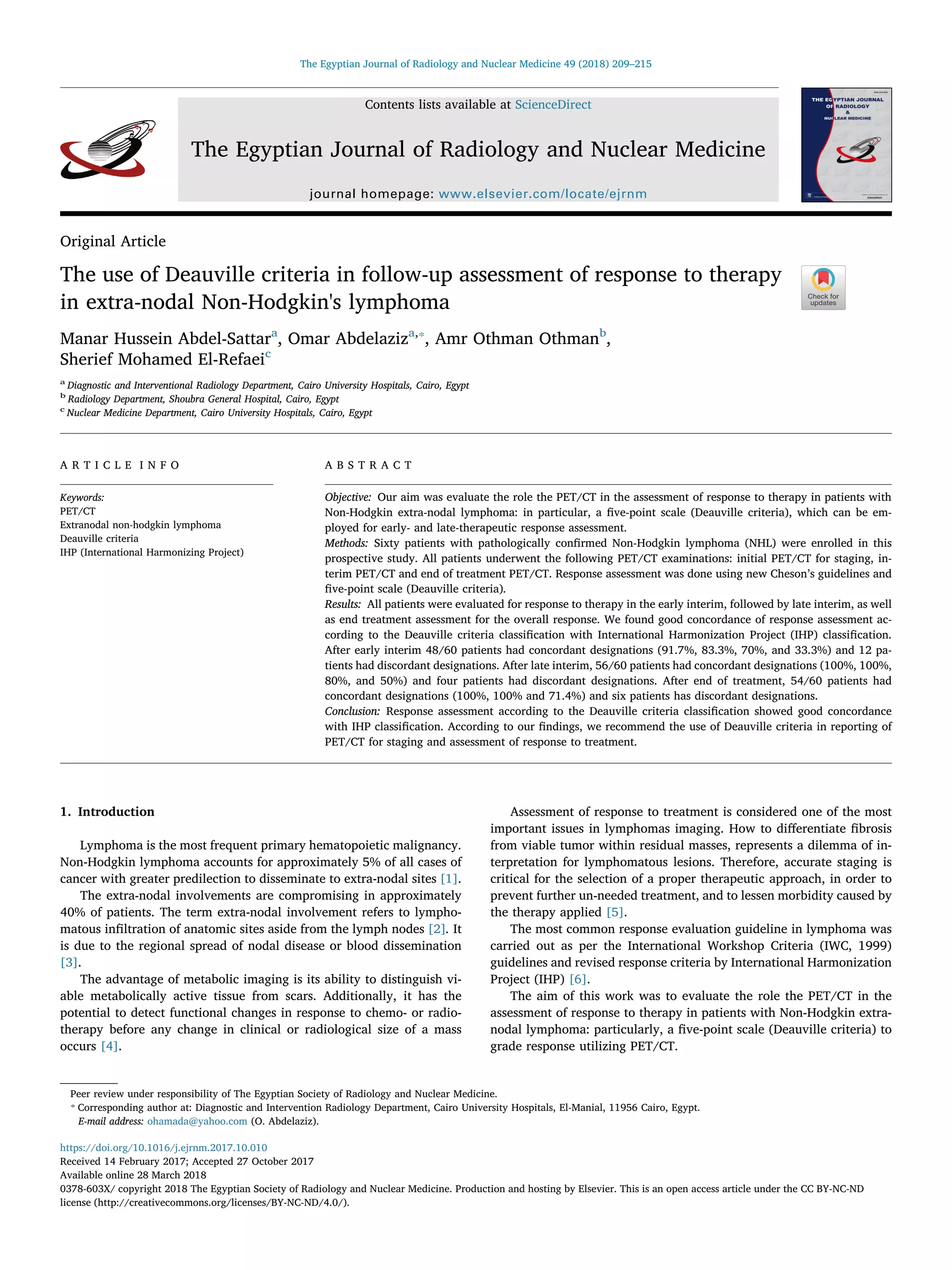 The use of deauville criteria in follow up assessment of response to ...