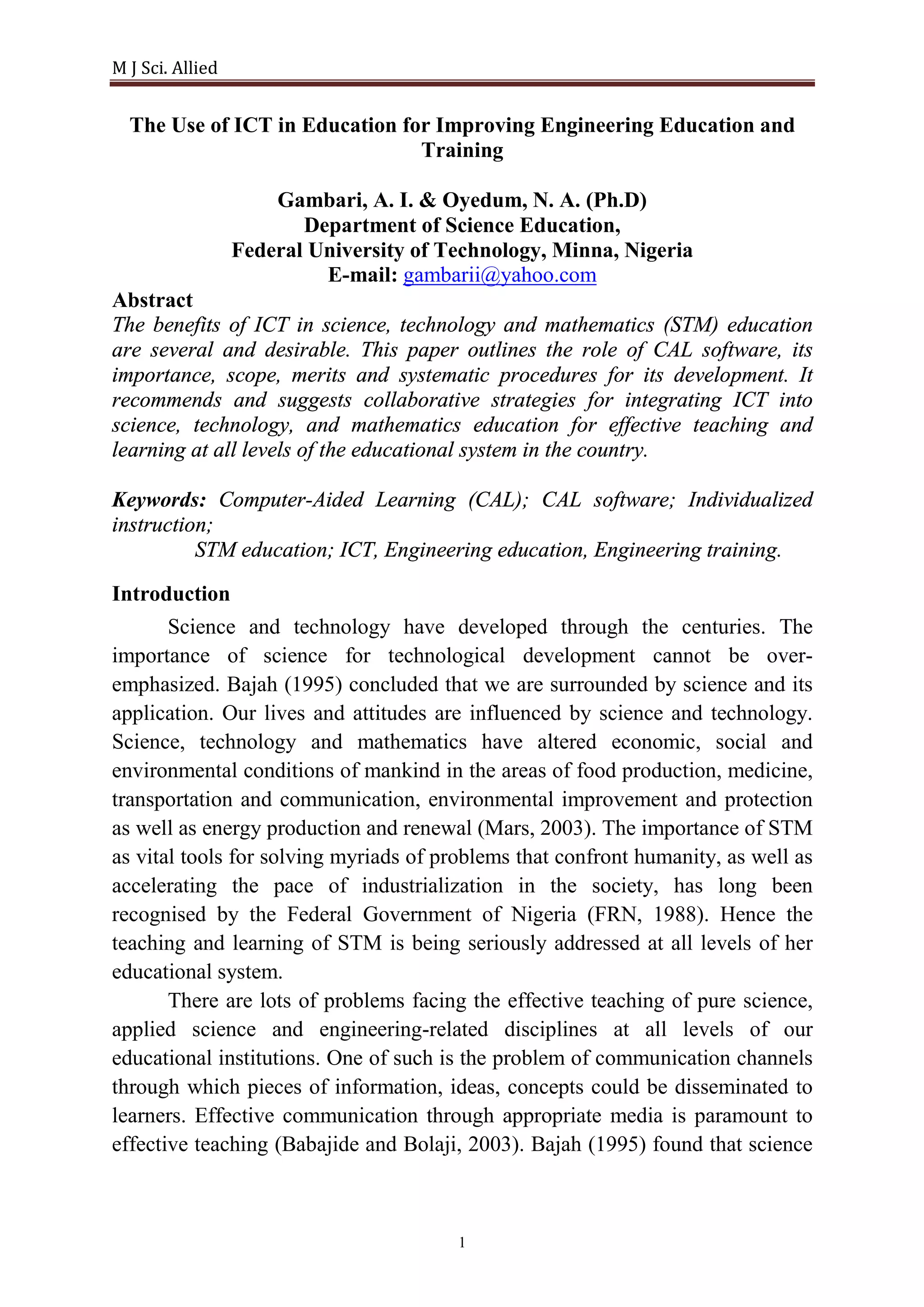 The use of ict in education for improving engineering education and ...