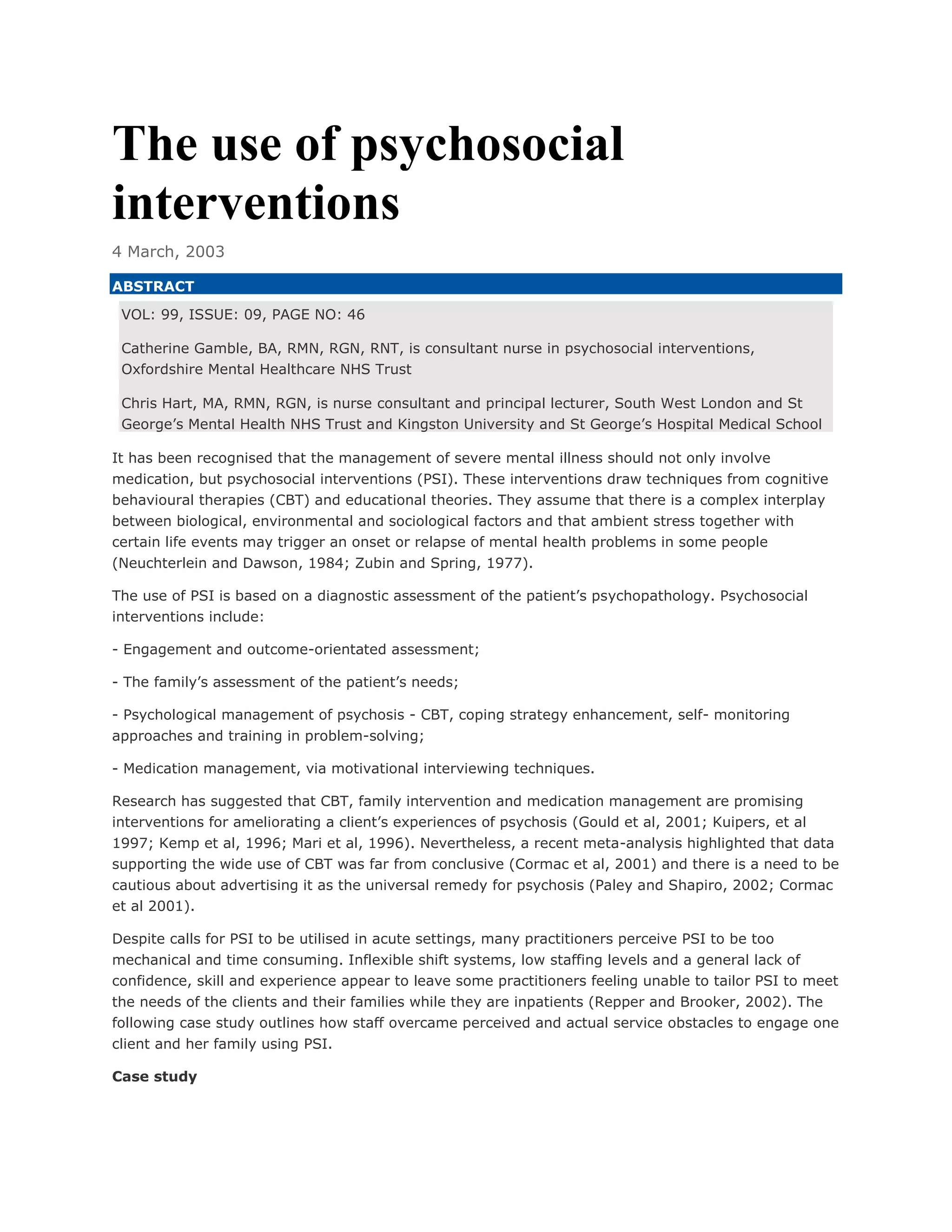 The use of psychosocial interventions | DOCX