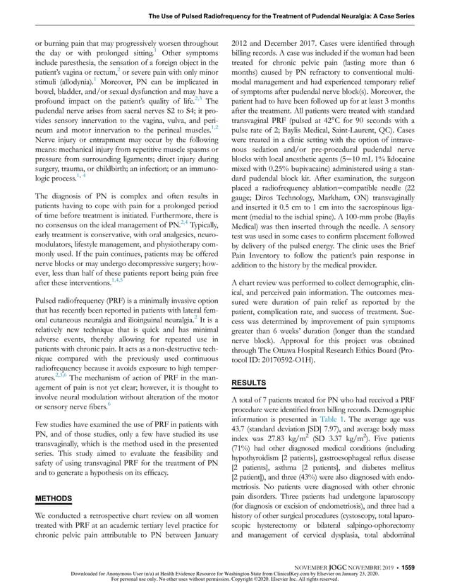 The use of pulsed radiofrequency for the treatment of pudendal neuralgia a case series | PDF
