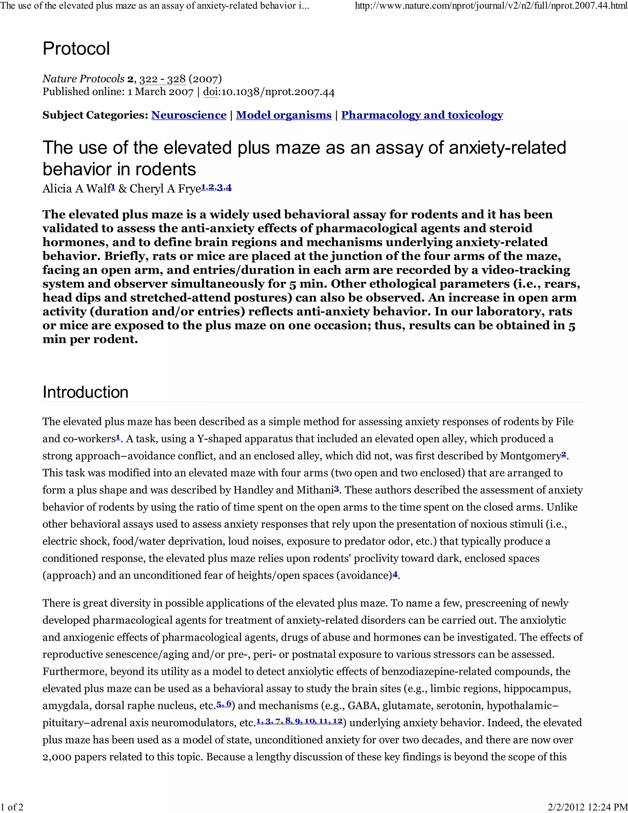 The use of the elevated plus maze | PDF