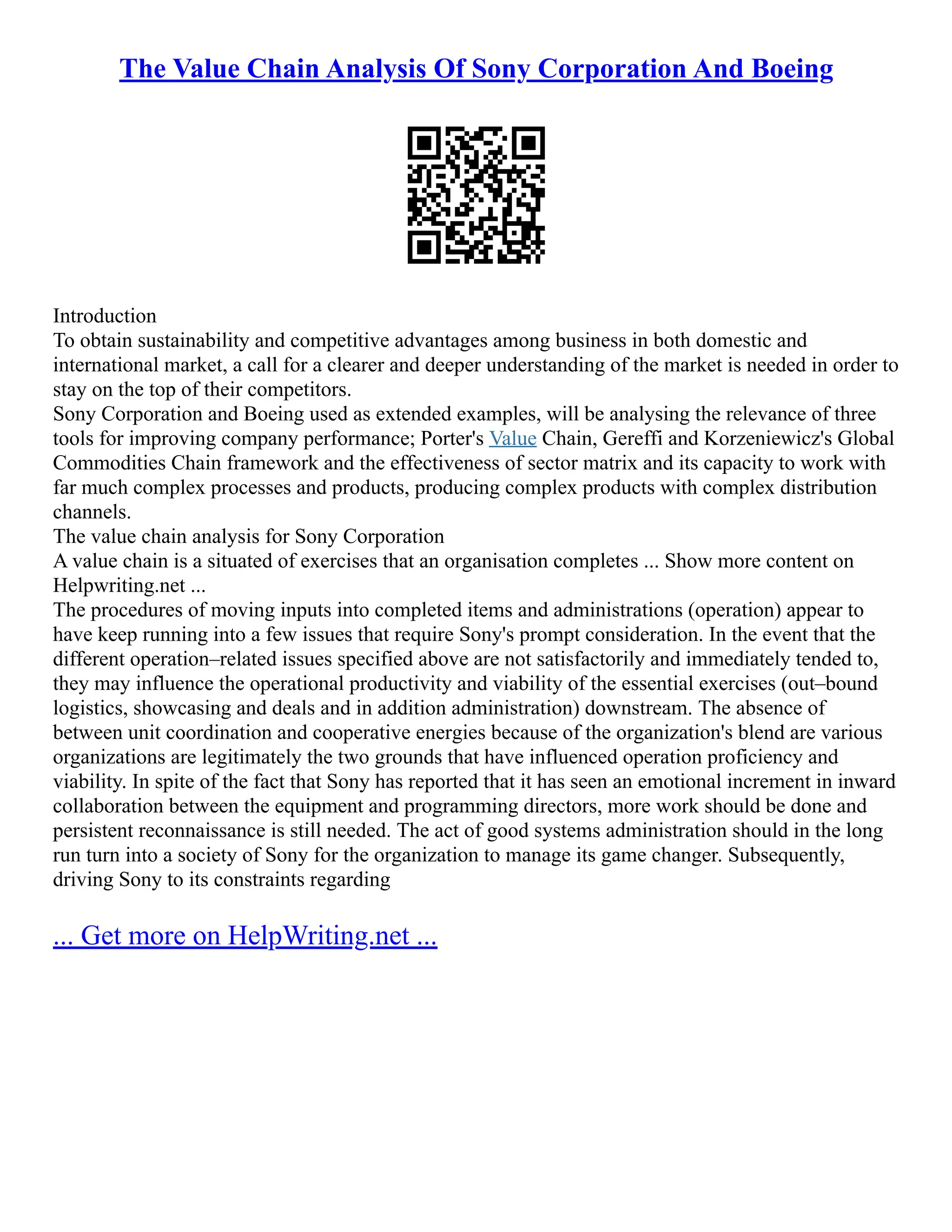 The Value Chain Analysis Of Sony Corporation And Boeing | PDF