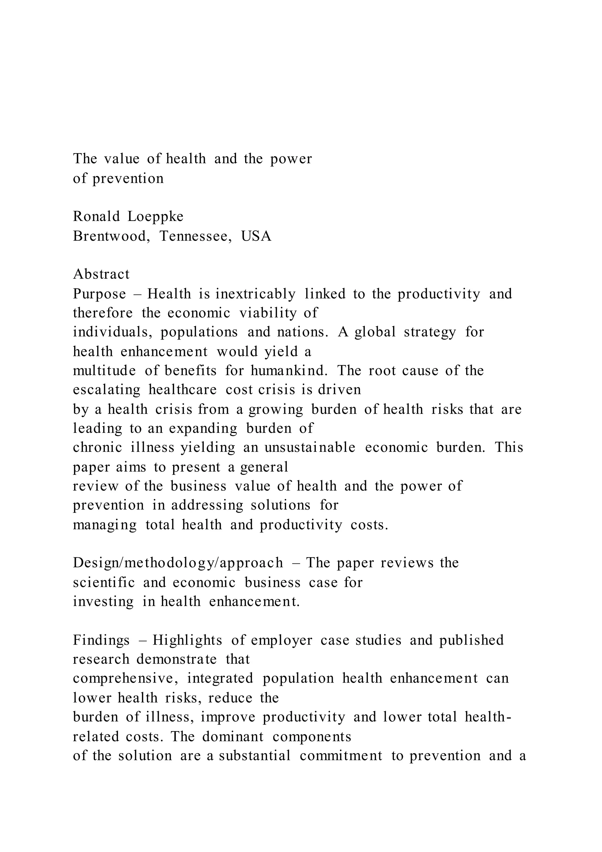 The value of health and the powerof prevention ronald loe | PDF