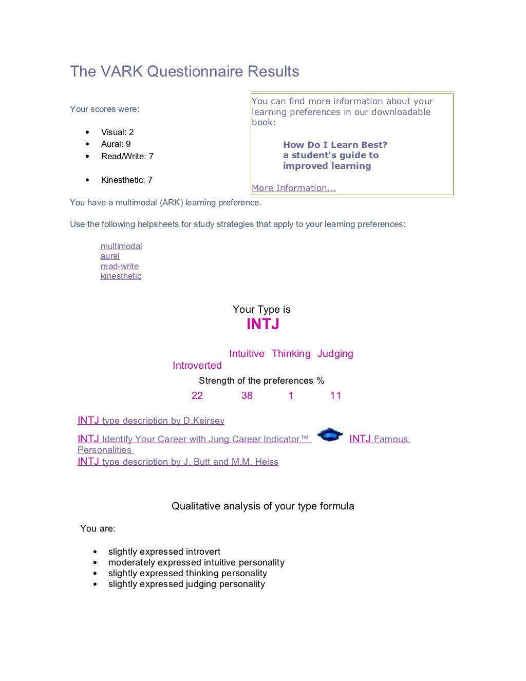 The vark questionnaire results and personality test