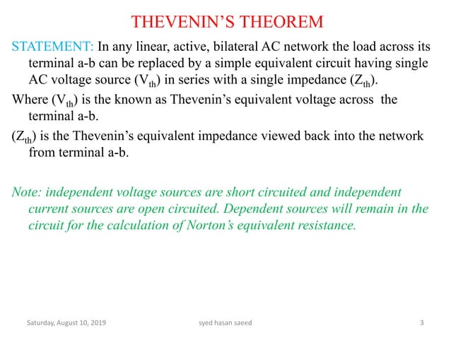 Thevenin's theorem for ac network | PDF