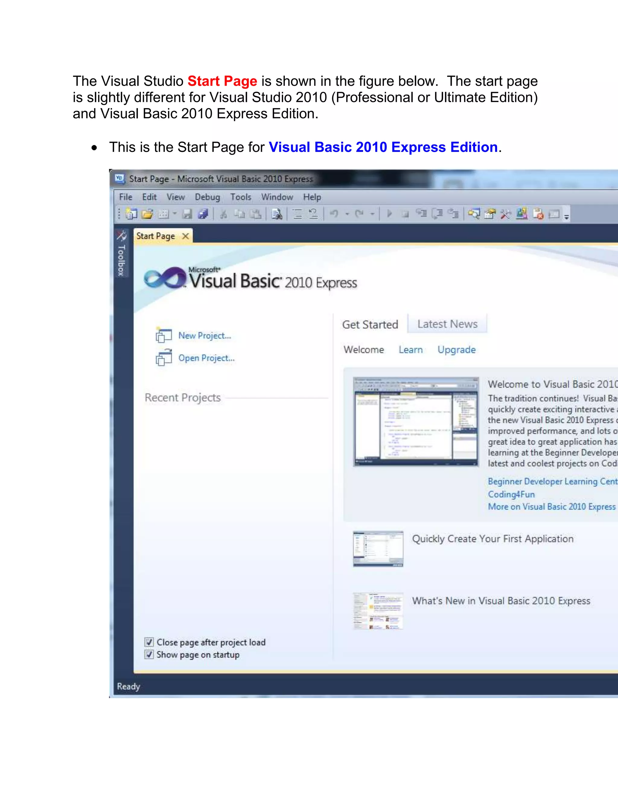 The visual studio start page is shown in the figure below | DOCX ...