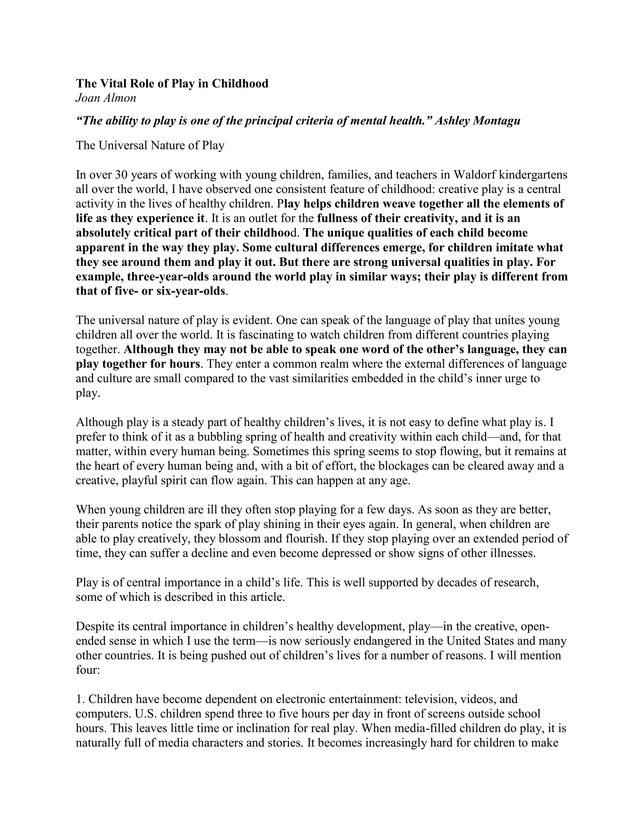 The Vital Role Of Play In Childhood | DOCX