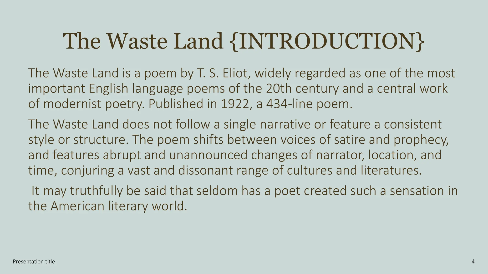 THE WASTE LAND by T.S.Elliot - a slideshow on simple analysis | PPT
