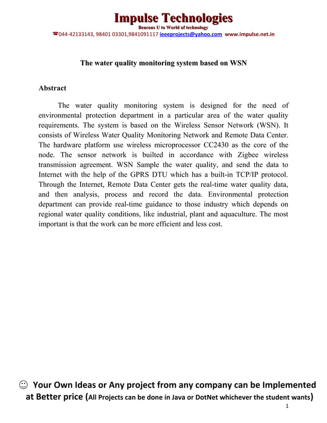 The water quality monitoring system based on wsn | DOC | Internet of Things | Internet