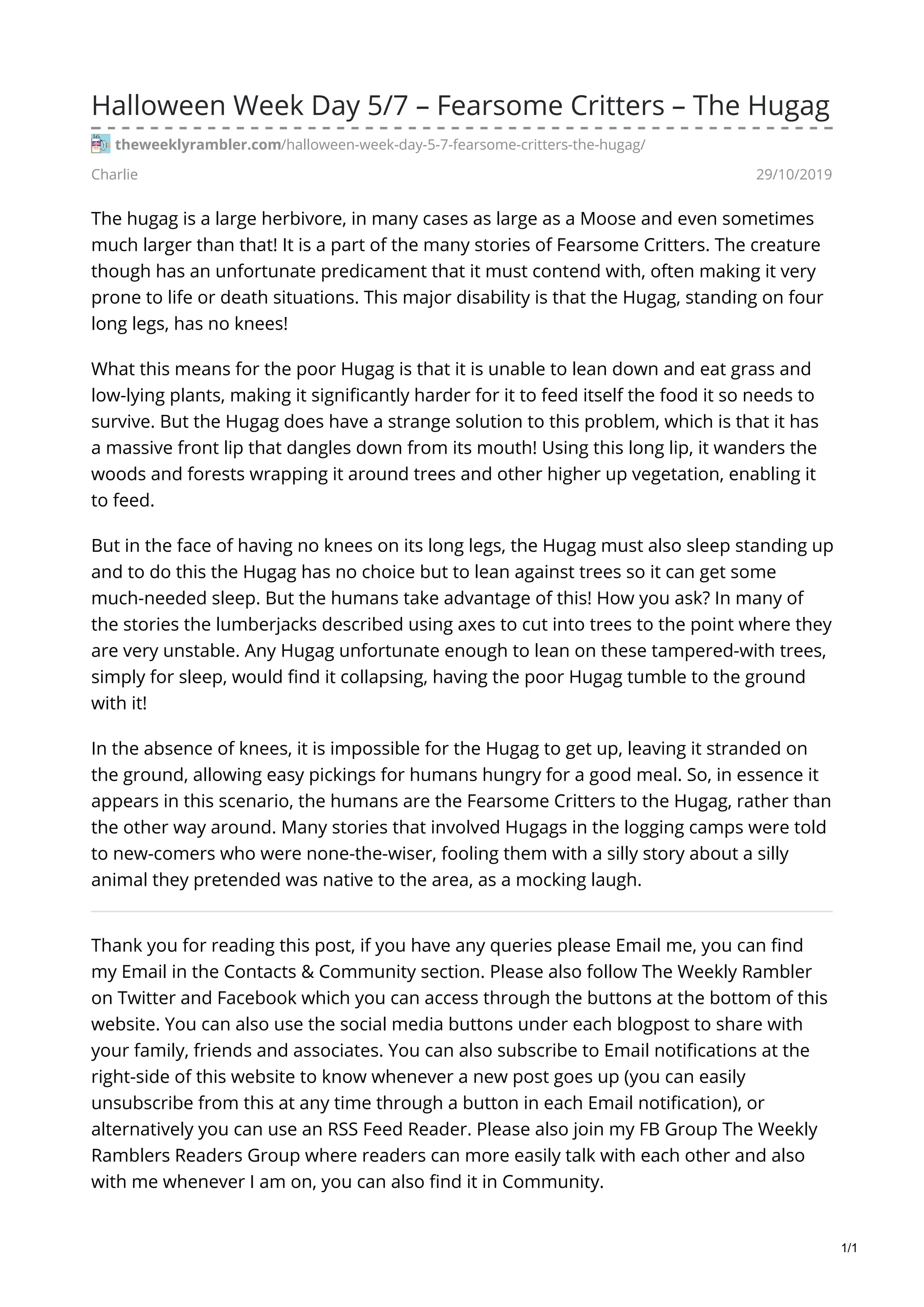 Halloween Week Day 5 of 7 Fearsome Critters the Hugag | PDF