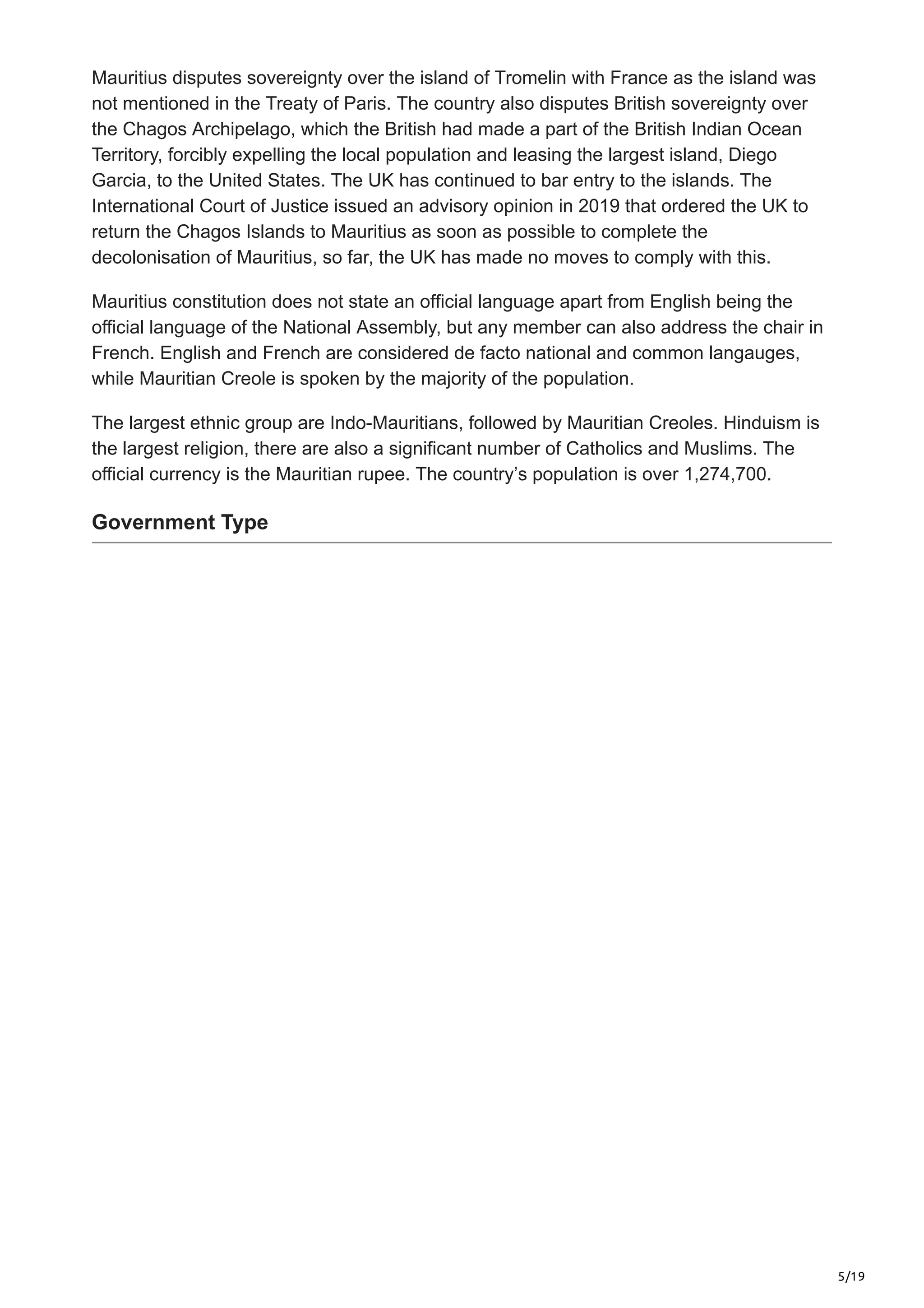 The Government System of Mauritius | PDF