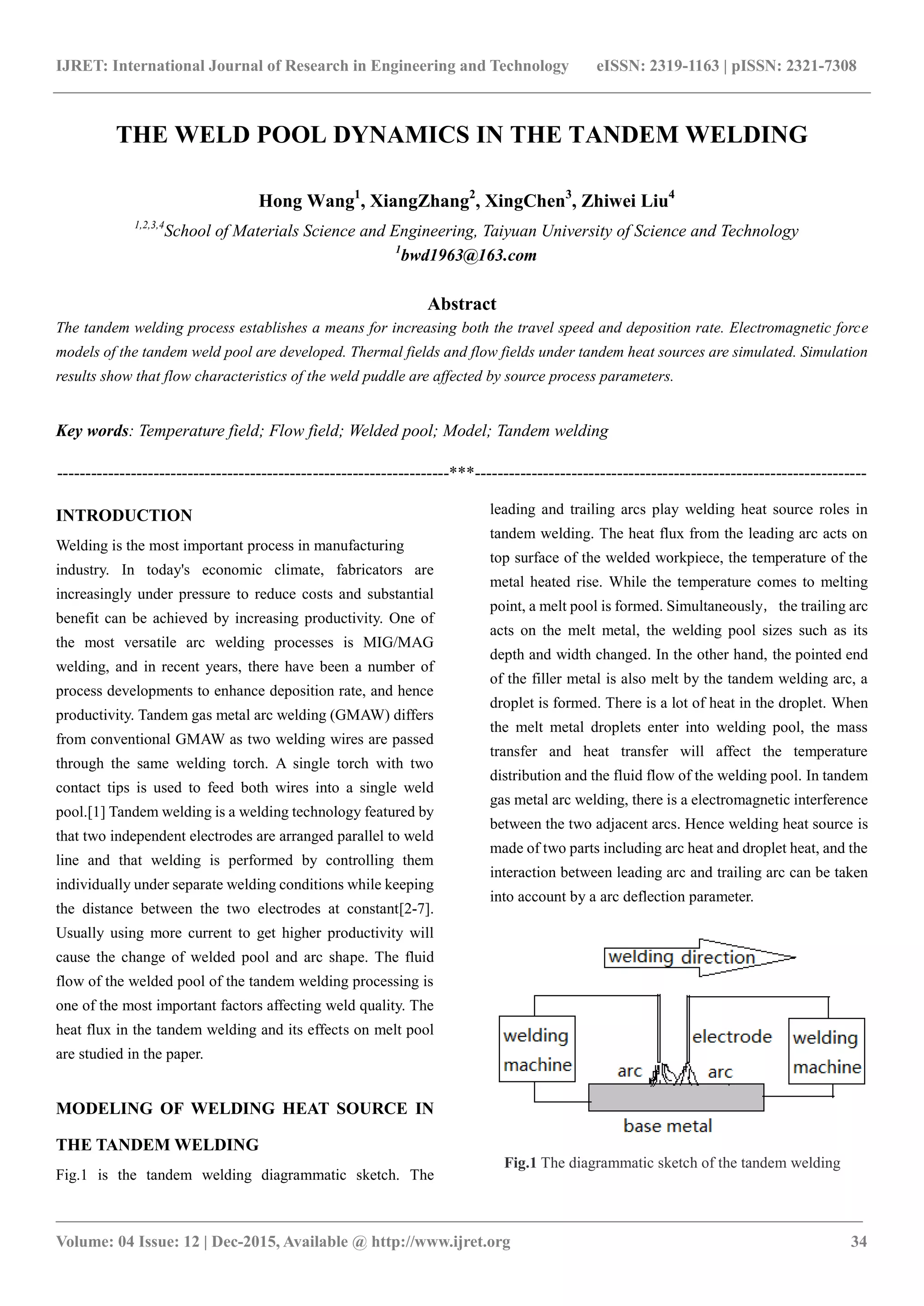The weld pool dynamics in the tandem welding | PDF