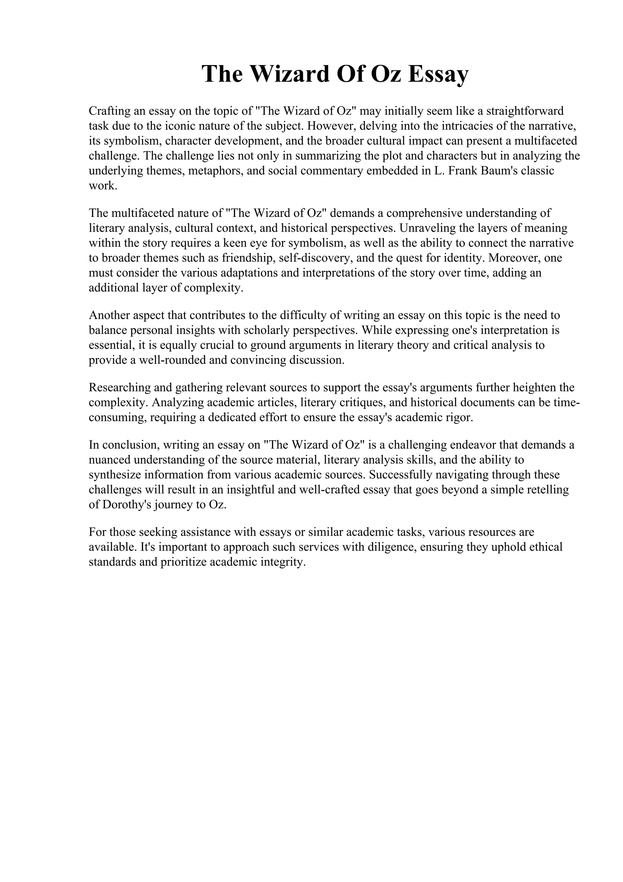 The Wizard Of Oz Essay. The Wonderful Wizard of Oz Study Guide Kurt ...