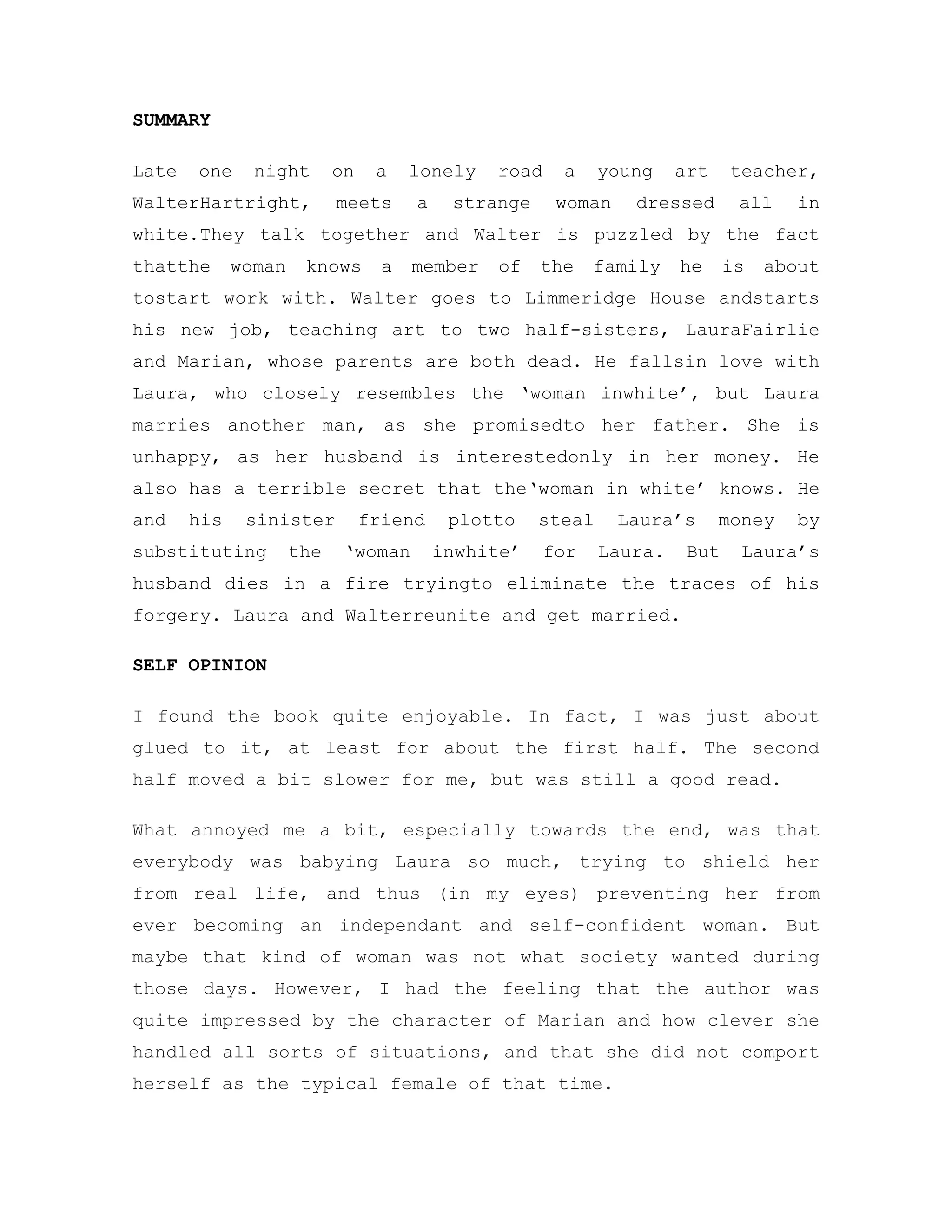 The woman in white summary | DOCX