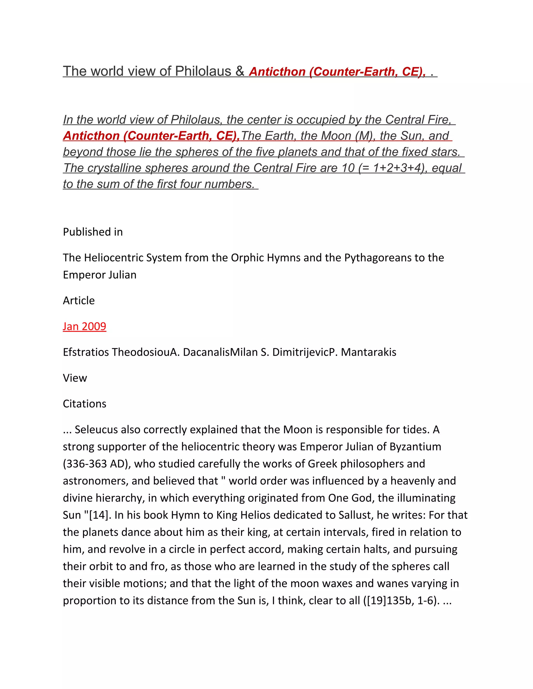 The World View Of Philolaus And Anticthon counter Earth Ce PDF The World View Of Philolaus And Anticthon counter Earth Ce PDF