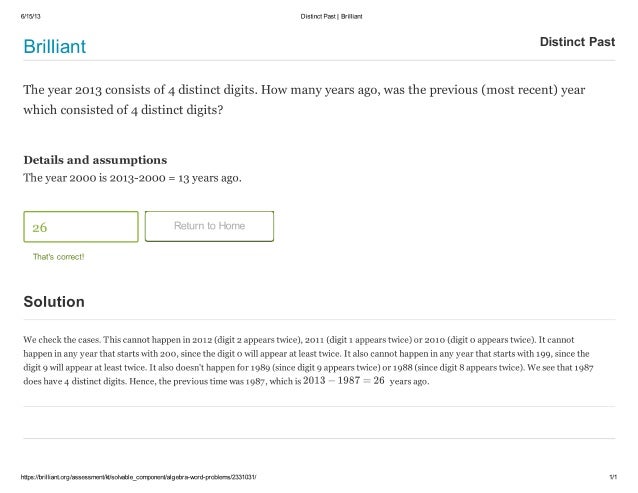 The year 2013 consists of 4 distinct digits
